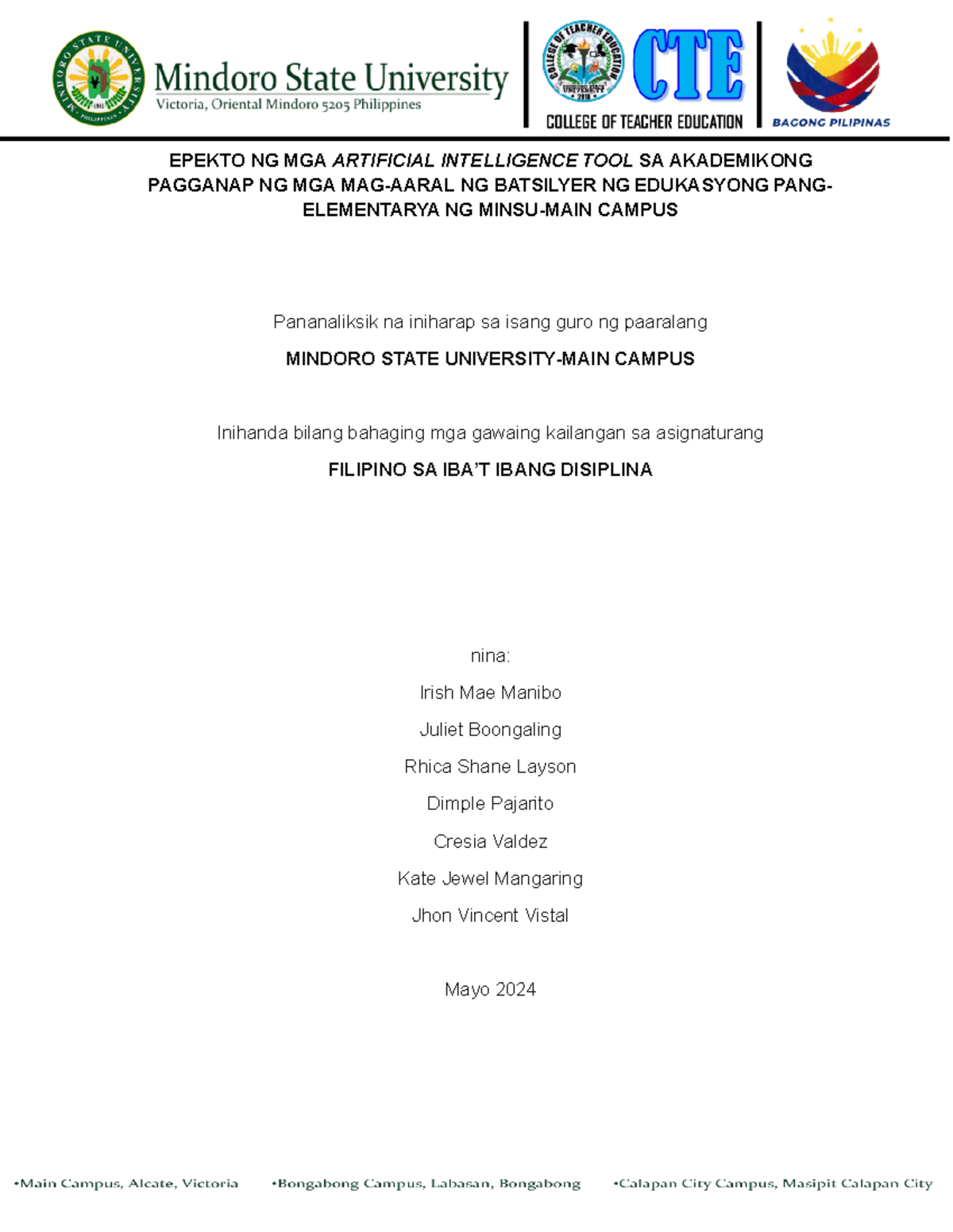 Kabanata 1-3: Epekto ng Artificial Intelligence sa BEEd ng Minsu-Main Campus - Studocu