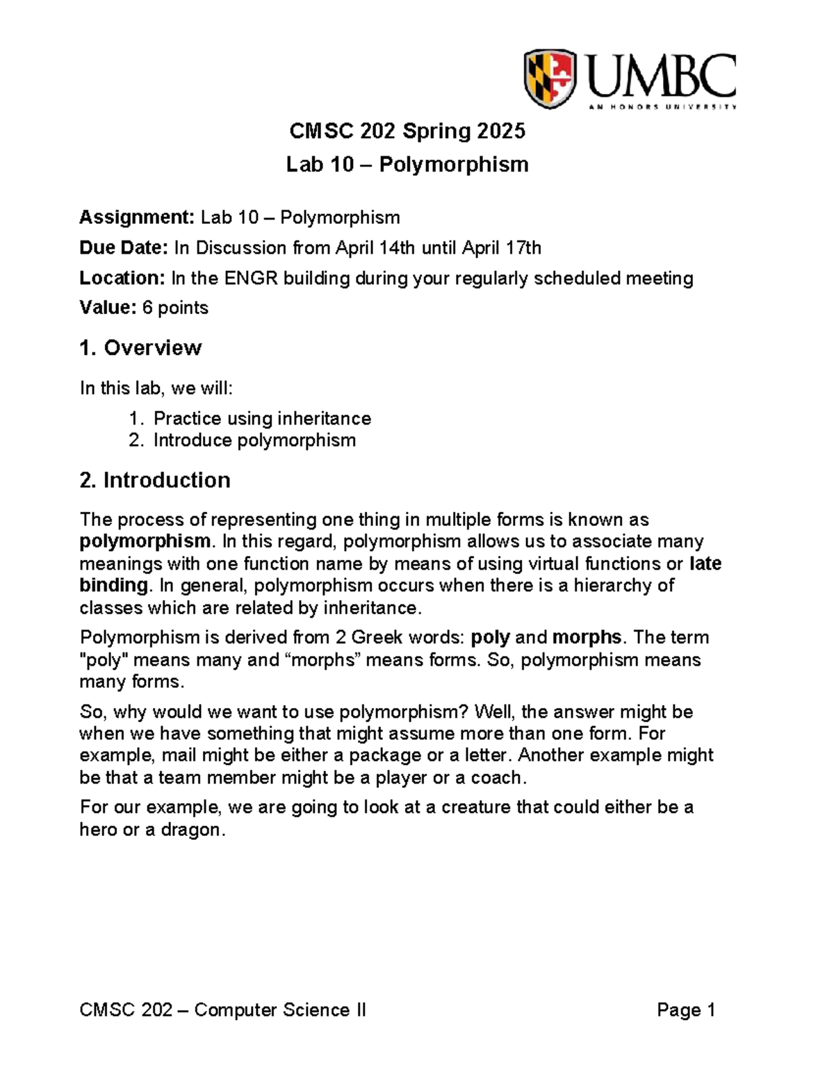 CMSC 202 Spring 2025 Lab 10: Exploring Polymorphism in Inheritance - Studocu