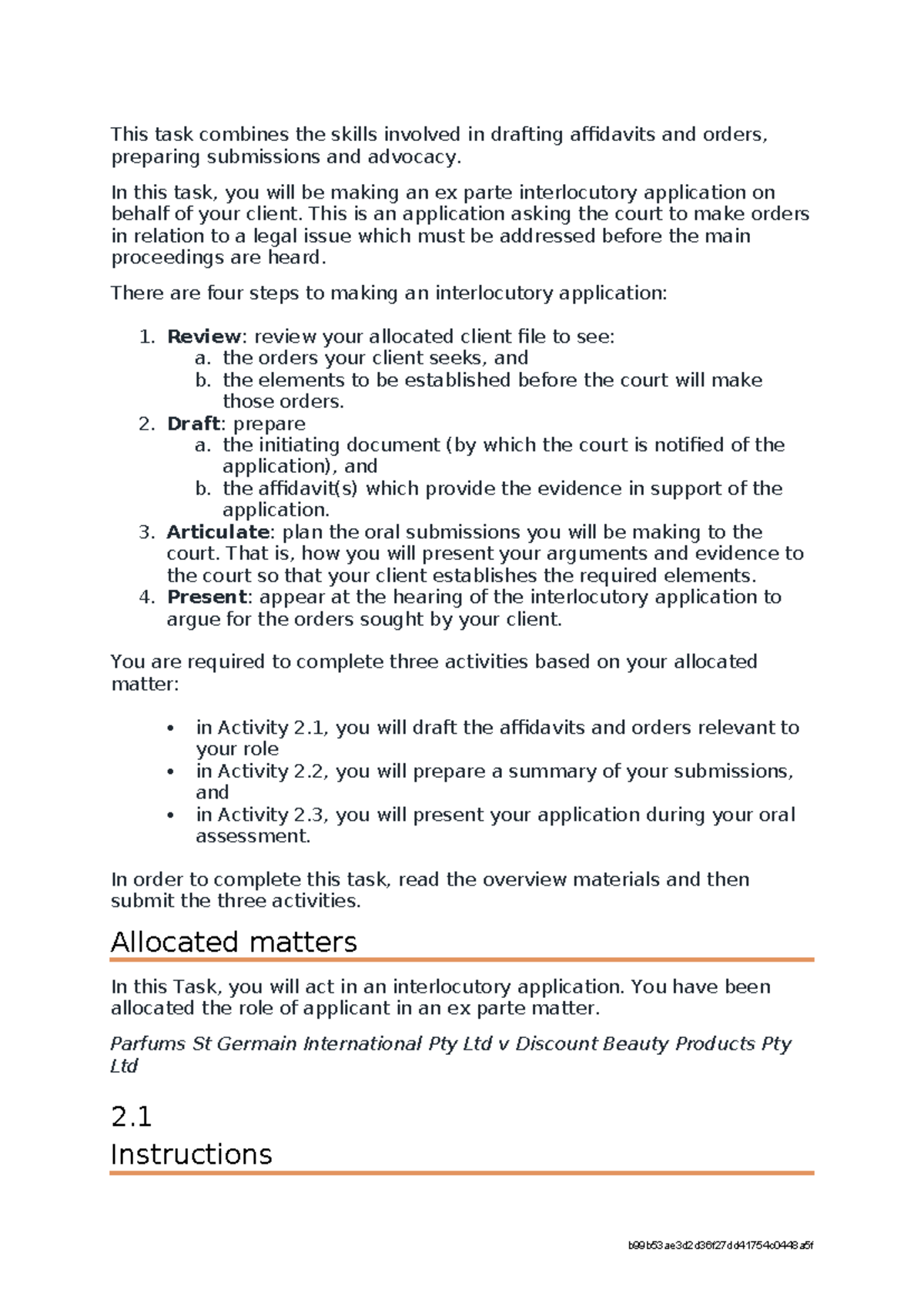 Interlocutory Application Instructions for Task 2.1 & 2.2 - Studocu