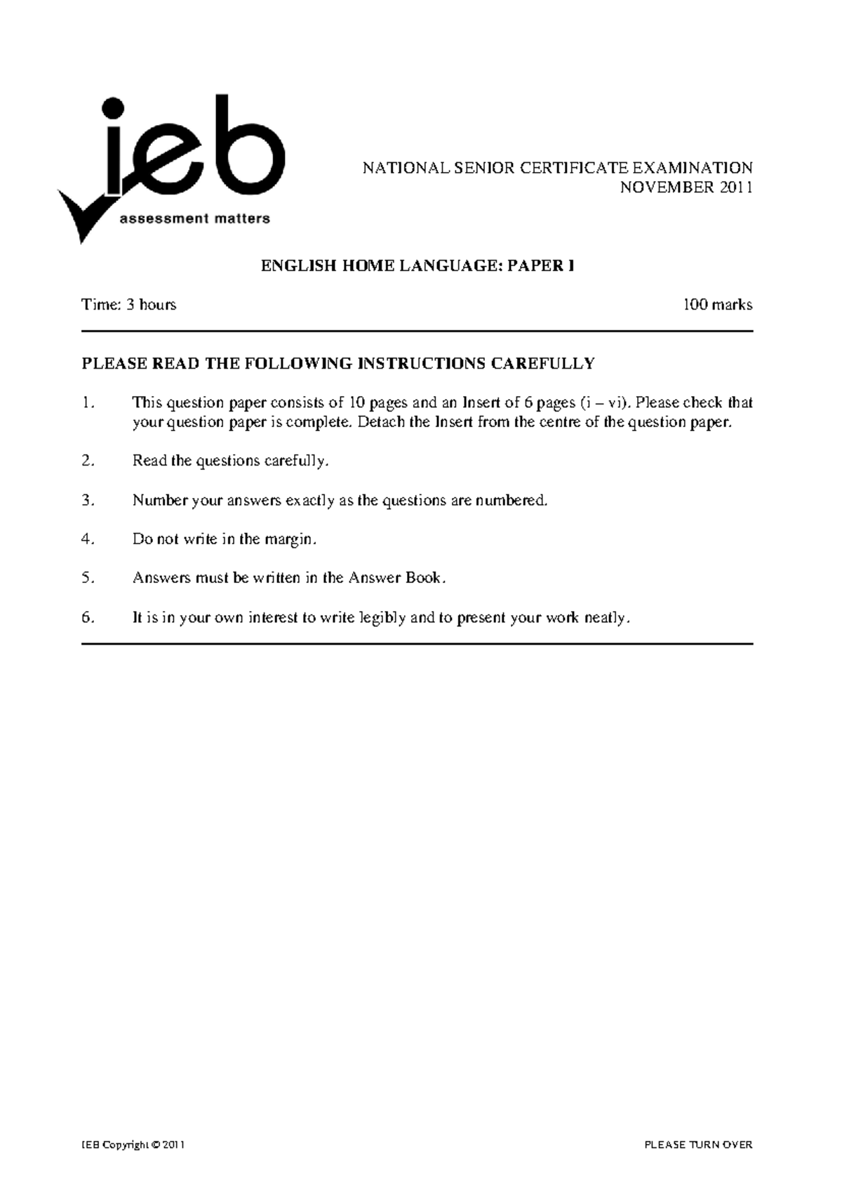 English HL Home Language IEB NSC Grade 12 Nov 2011 Past Exam Paper P1 ...