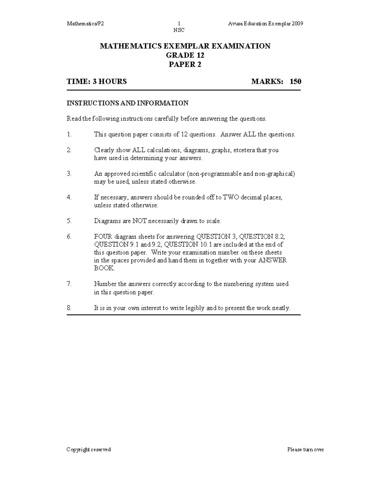 Grade 12 Mathematics Exemplar Exam Paper 2 (NSC 2009) - Studocu
