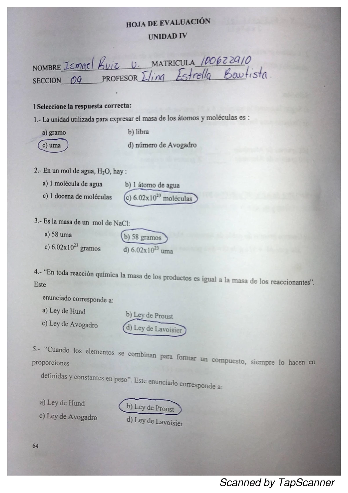 Unidsd 2 Quimica Basica - HOJA DE EVALUACIÓN UNIDAD II. Aspectos ...