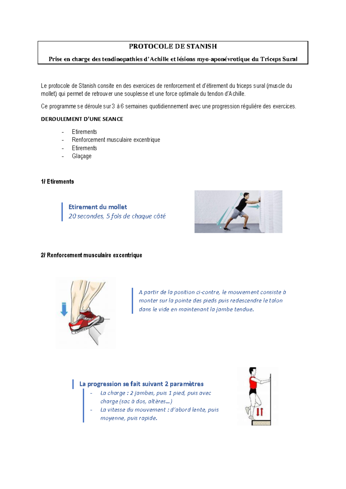 PROTOCOLE DE STANISH: Gestion des Tendinopathies du Triceps Sural - Studocu