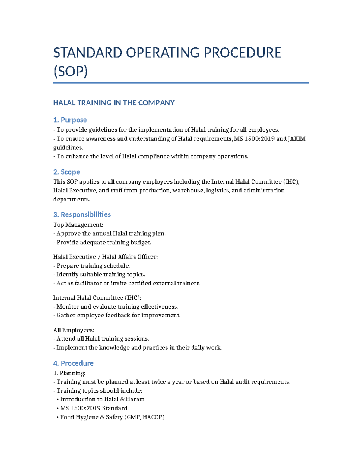 SOP for Halal Training Implementation (IHC) Guidelines - Studocu