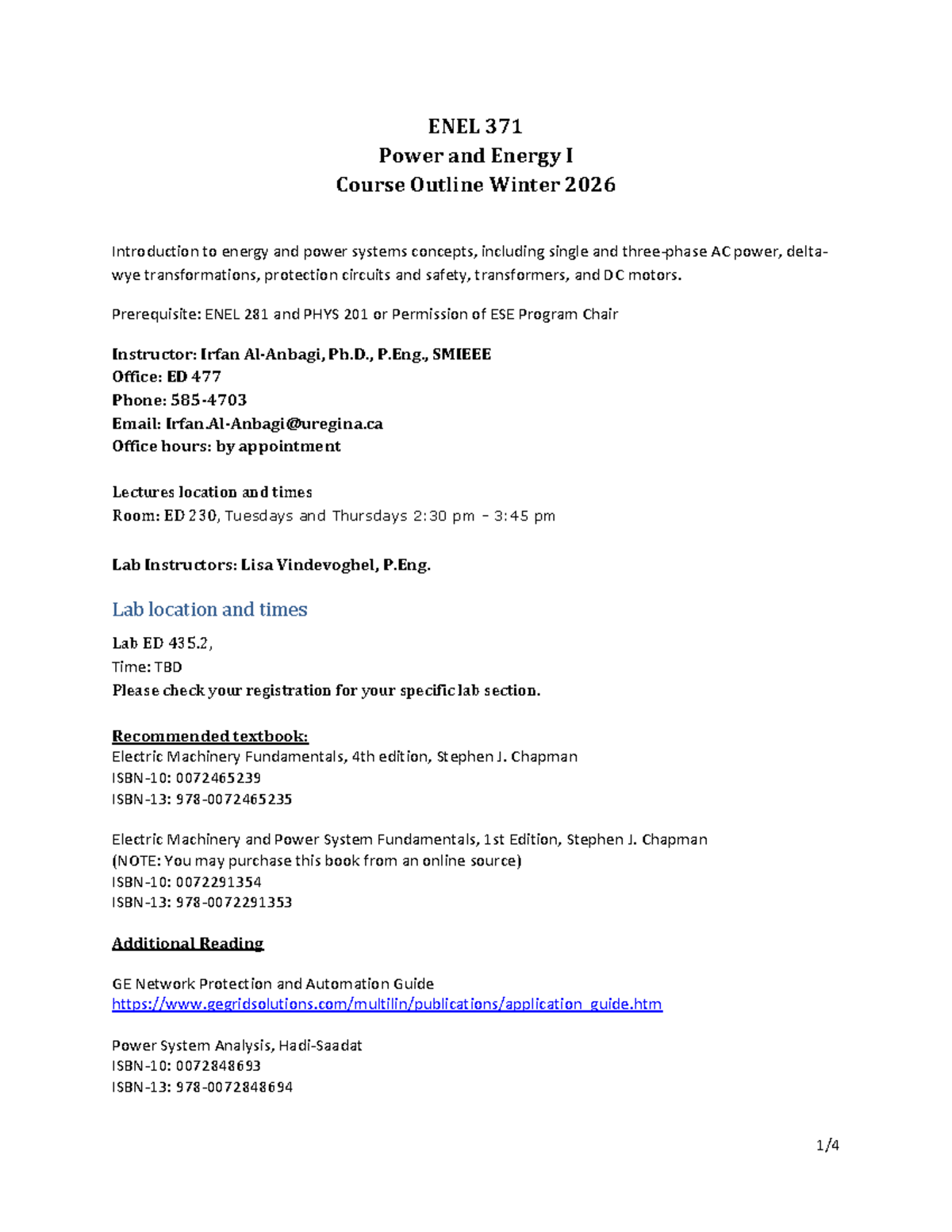 ENEL 371 Power and Energy I Course Outline Winter 2026 - Studocu