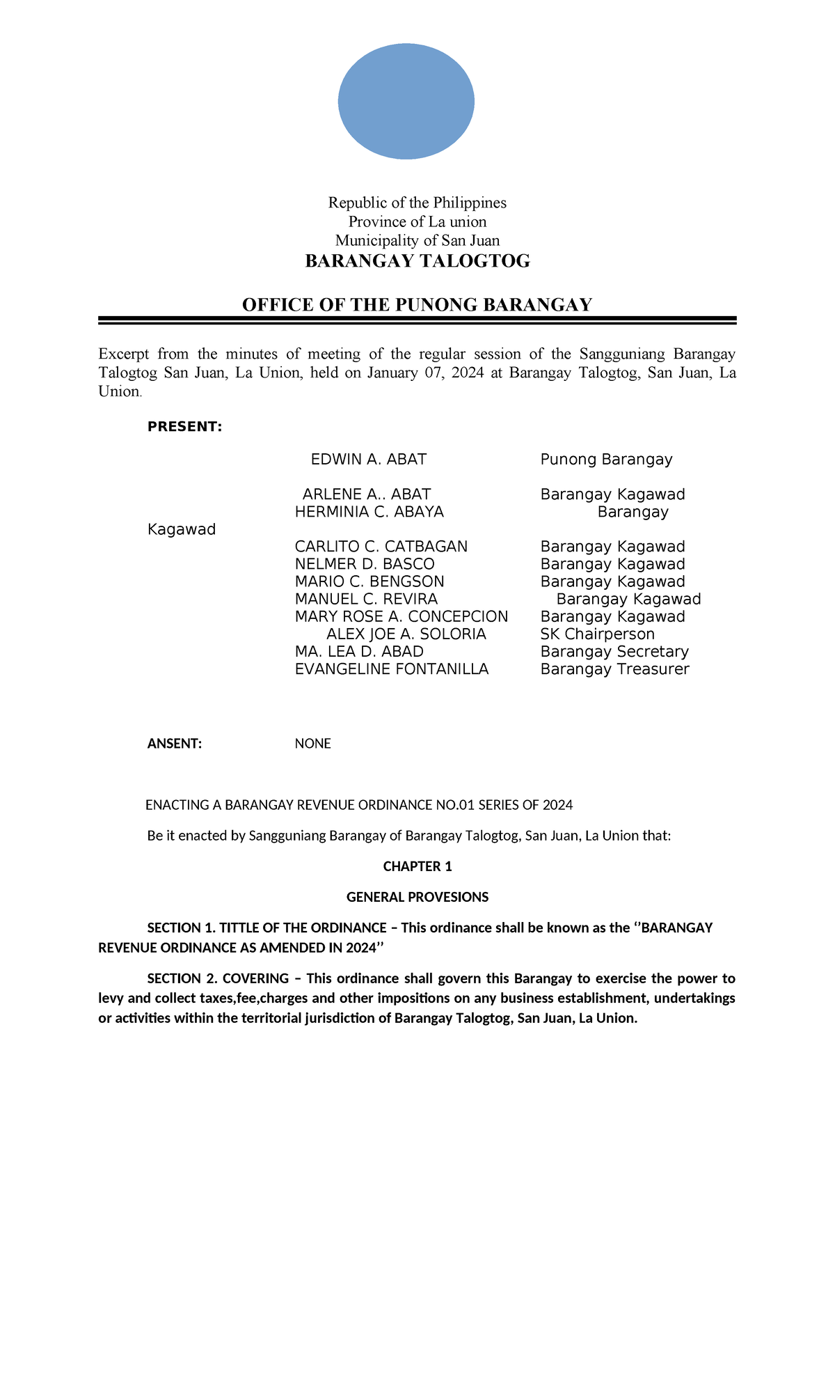 TAX Ordinance No. 01, Series of 2024 - Barangay Talogtog Lecture - Studocu