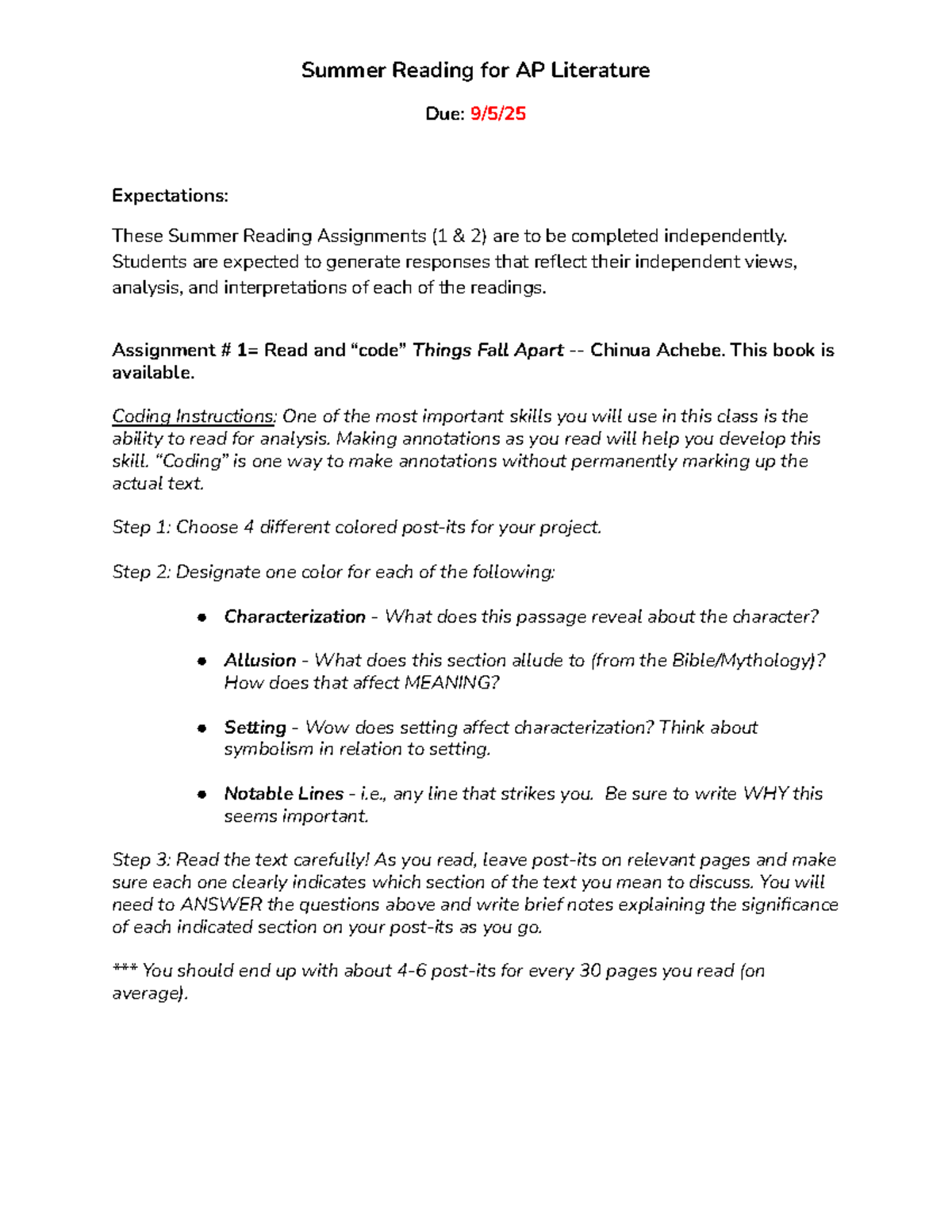 2025 AP Literature Summer Reading Assignment Guidelines - Studocu