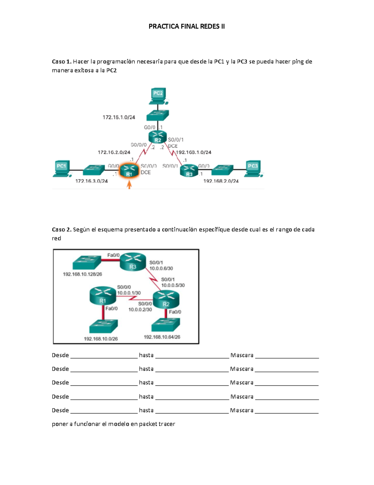 Practica final redes 2 2024-3 - Caso 1. Hacer la programación necesaria para que desde la PC1 y ...