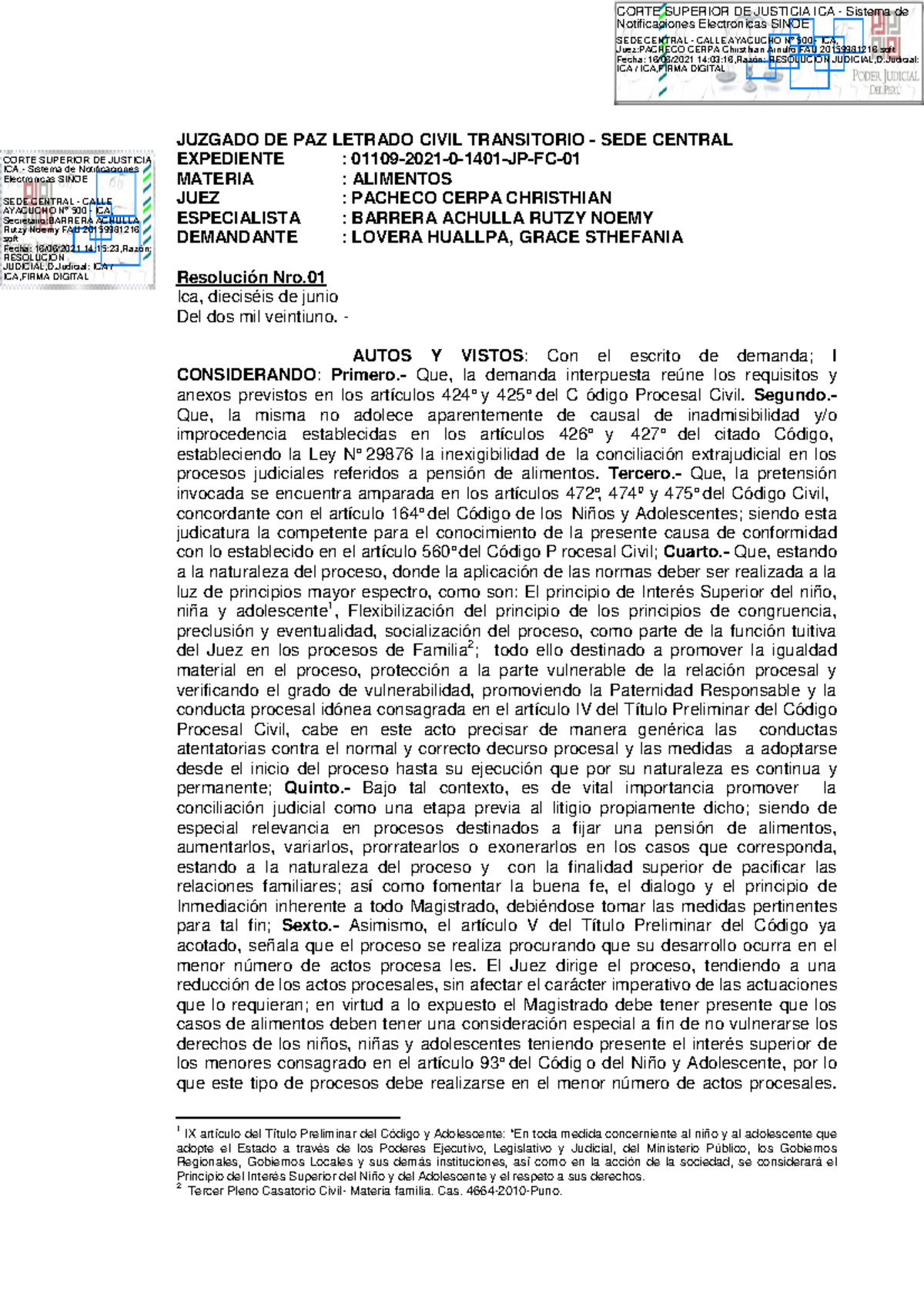 Resolución Judicial sobre Alimentos - Expediente ...