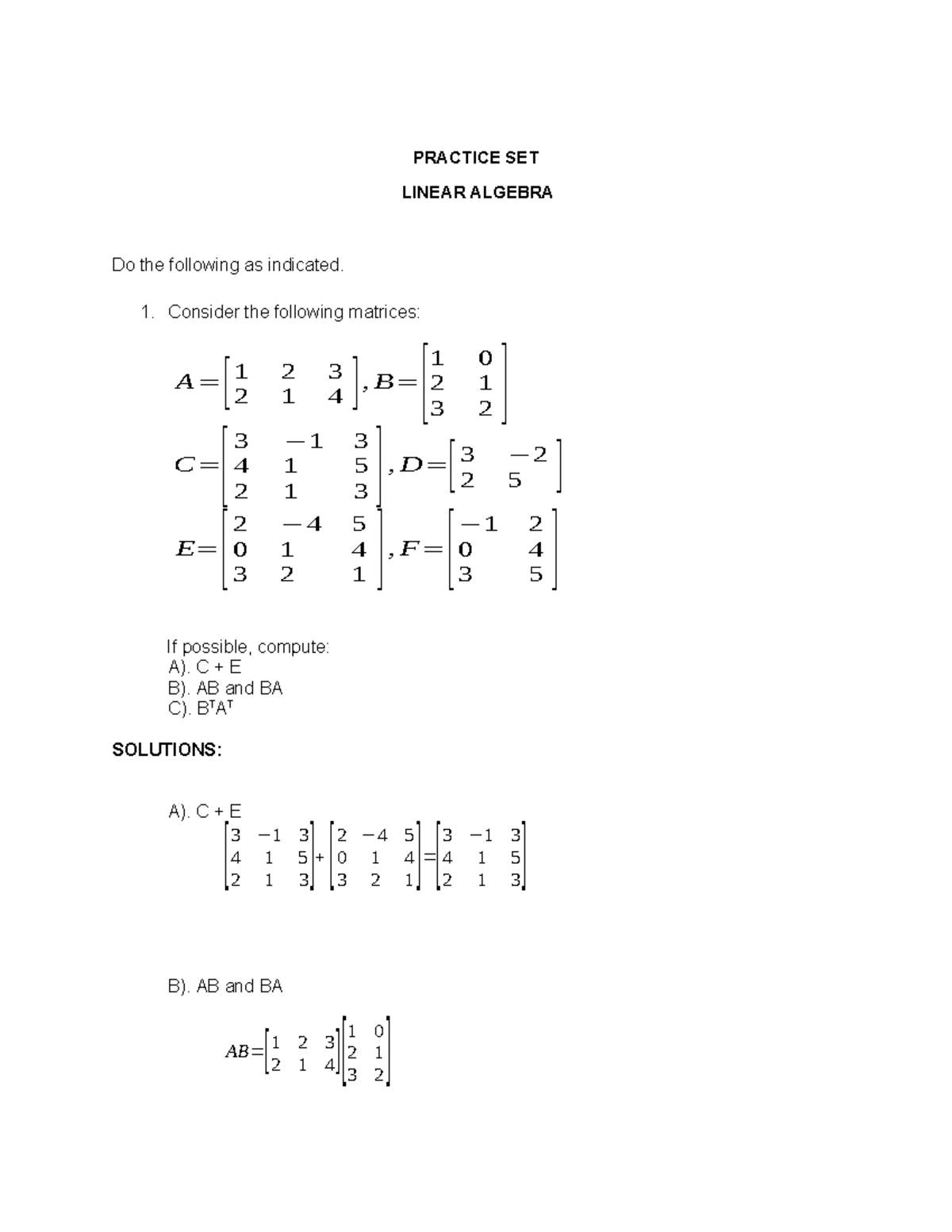 PRACTICE SET: LINEAR ALGEBRA (MATH 101) - Matrix Operations & Properties - Studocu