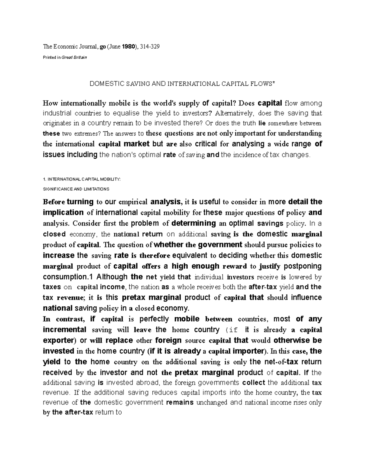 Domestic Saving and International Capital Flows: An Analysis (ECO 1980 ...
