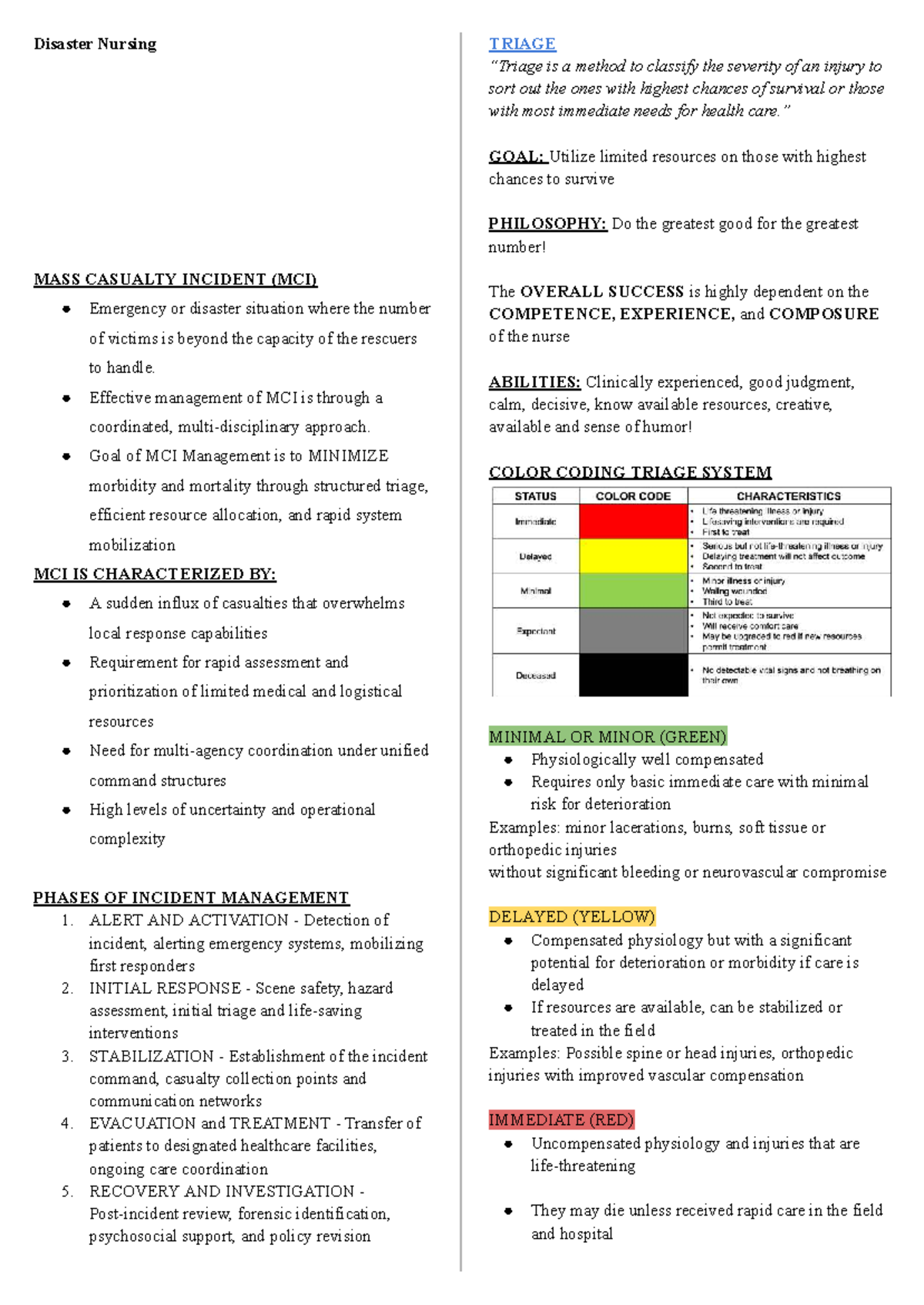 Disaster Nursing Midterm Topics: Triage and Emergency Response - Studocu