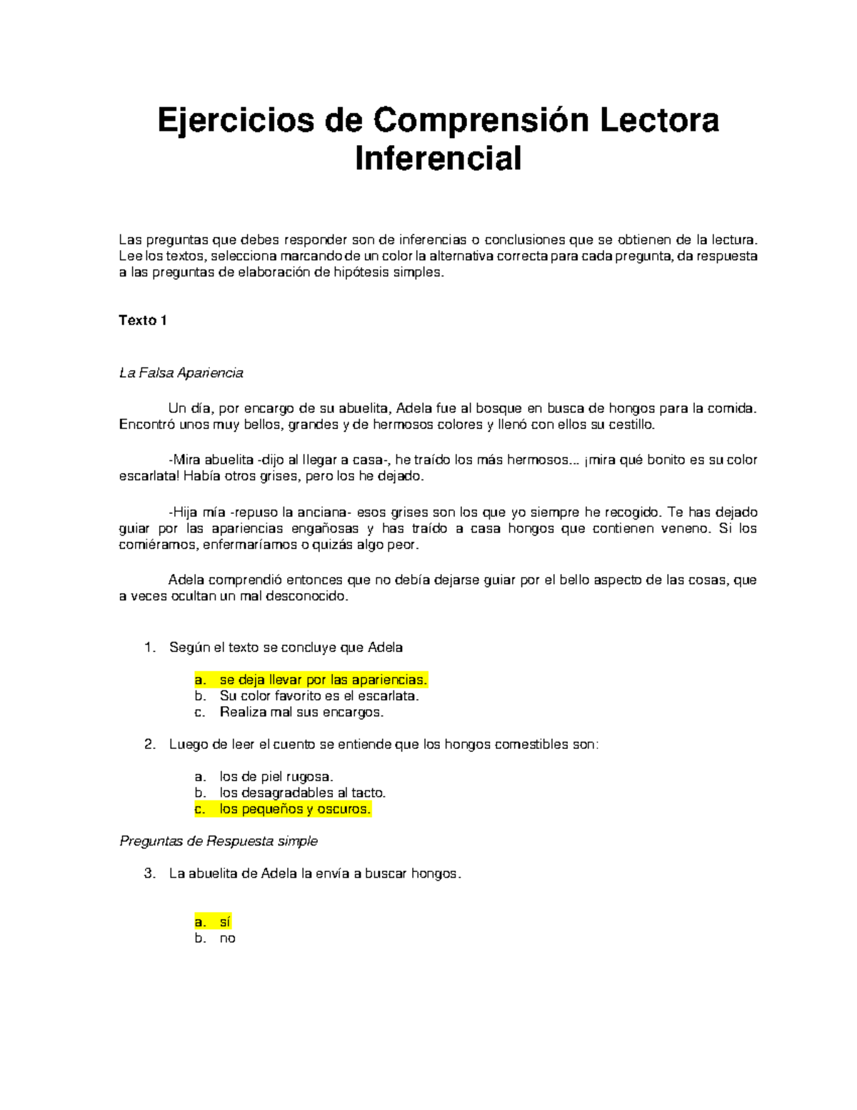 Ejercicios de Comprensión Lectora Inferencial - Lectura y Preguntas ...