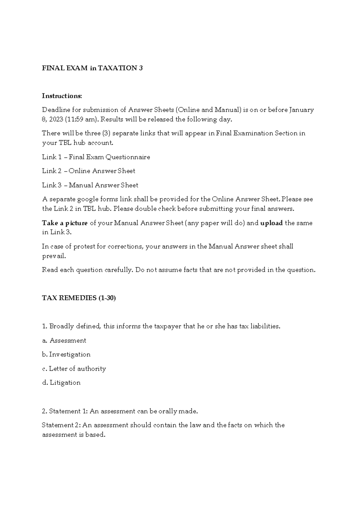 Final Exam Guide for Taxation 3 - January 2023 - Studocu