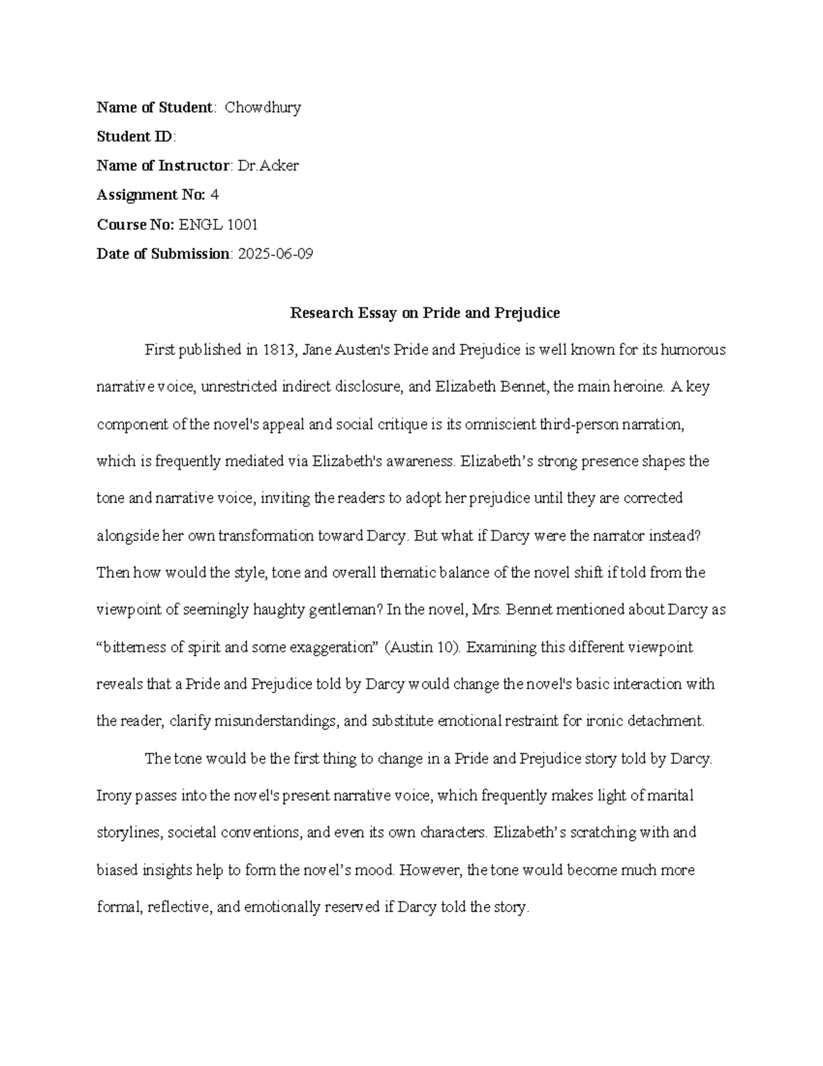 ENGL 1001 Assignment 4: Research Essay on Pride and Prejudice Narration ...