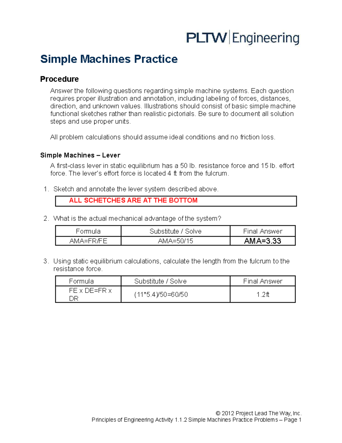 Principles of Engineering (1.1.2) Simple Machines Practice Problems ...