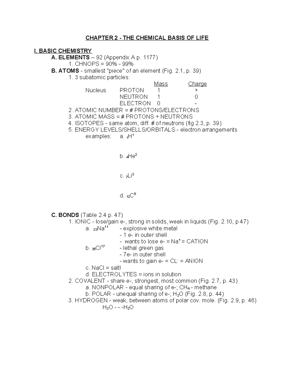 CHAPTER 2: THE CHEMICAL BASIS OF LIFE - BASIC CHEMISTRY & REACTIONS ...