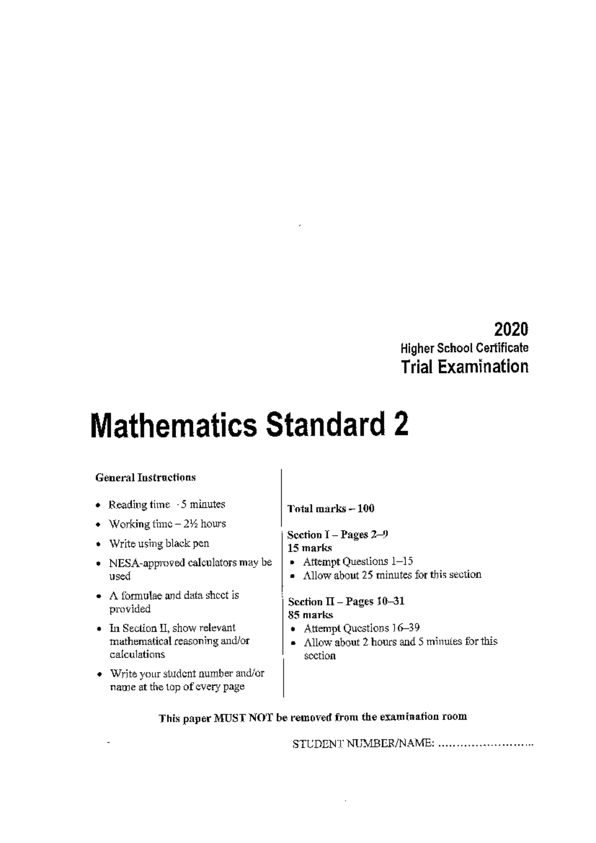 2020 HSC Maths Standard 2 Trial Exam Solutions Included - Studocu