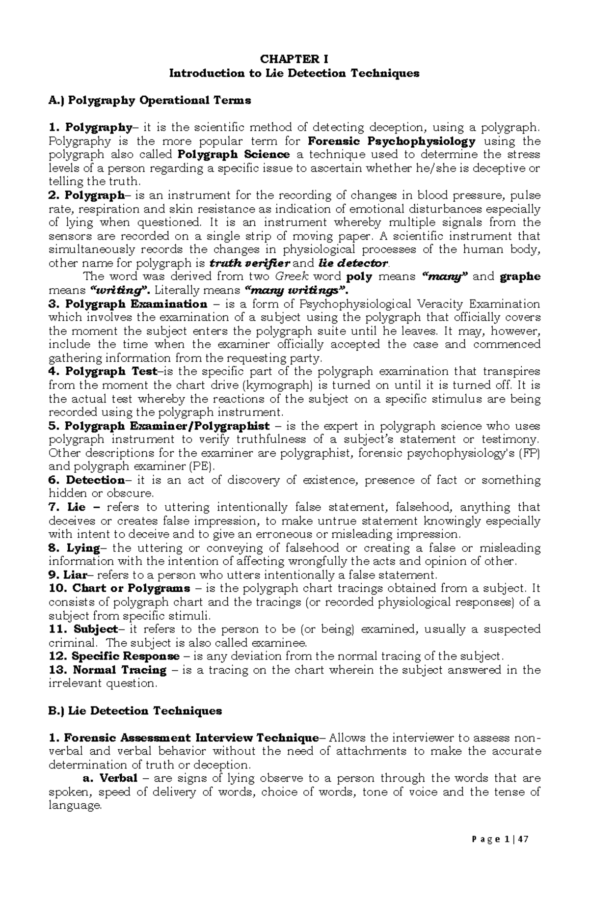 Lie-Detection-Techniques - CHAPTER I Introduction to Lie Detection Techniques A.) Polygraphy ...