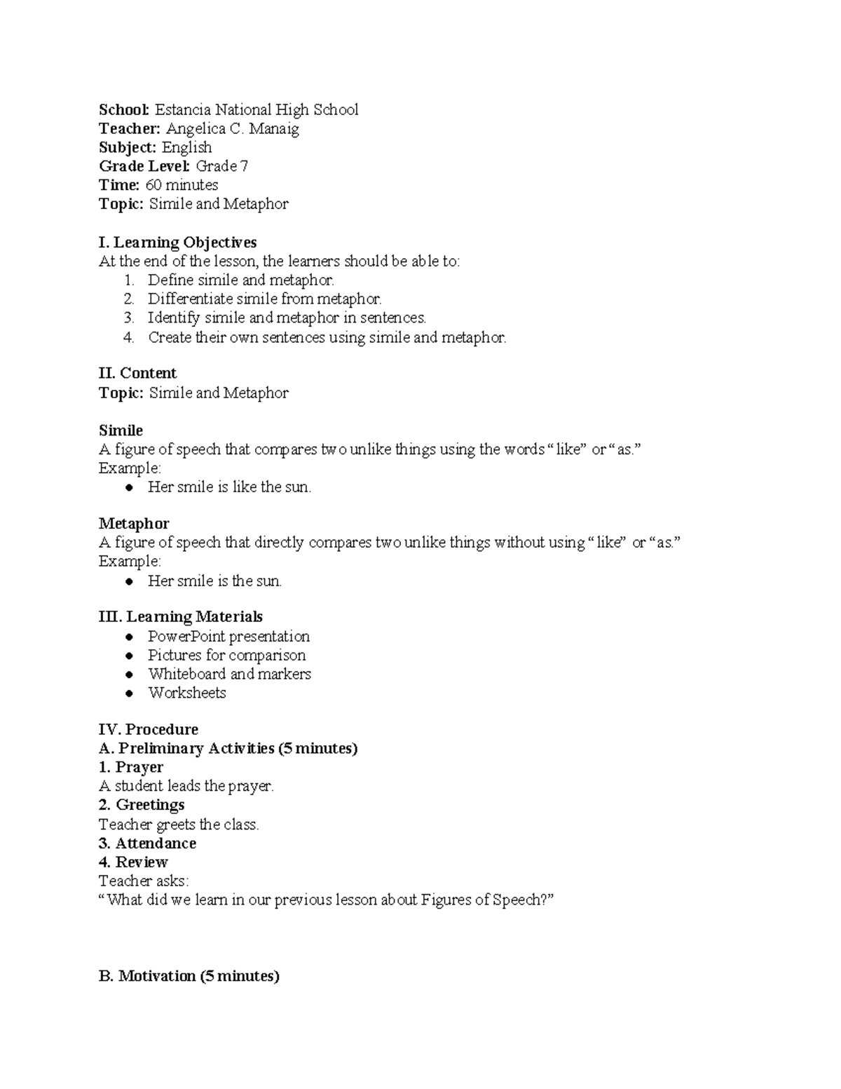 Detailed Lesson Plan on Simile and Metaphor (Grade 7) - Studocu