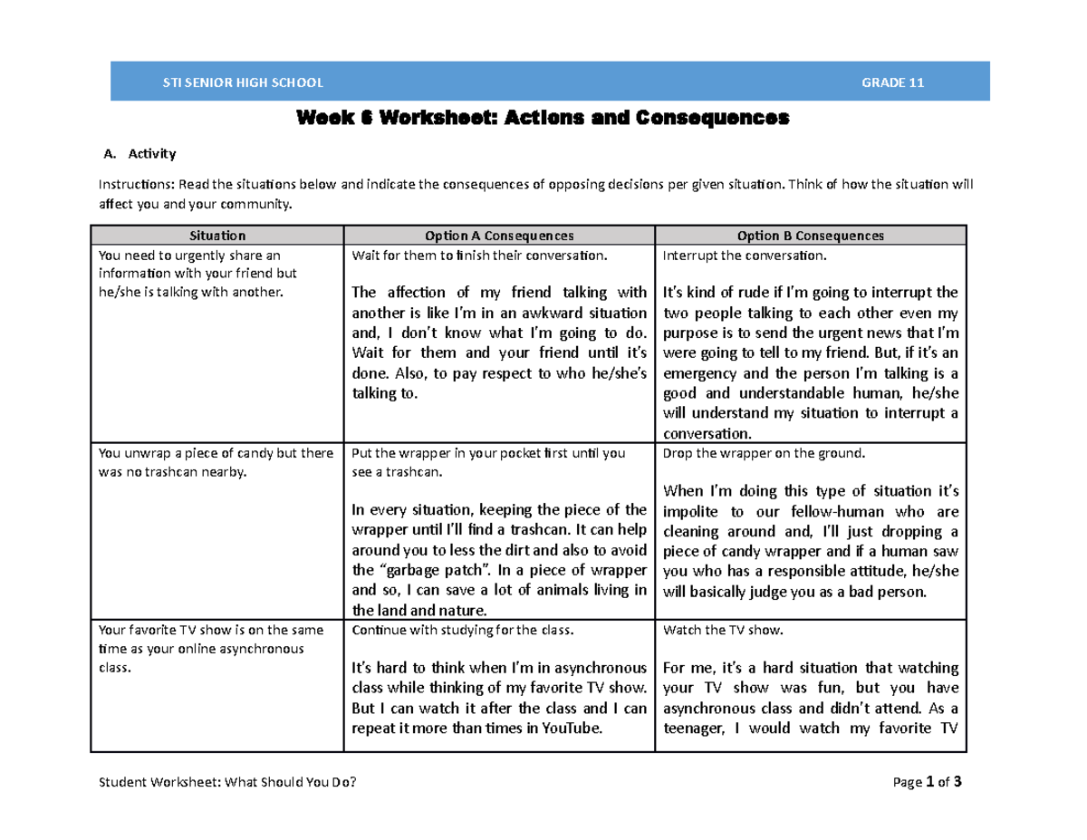 G11 Wk 6 Actions and Consequences - Homeroom - Week 6 Worksheet ...
