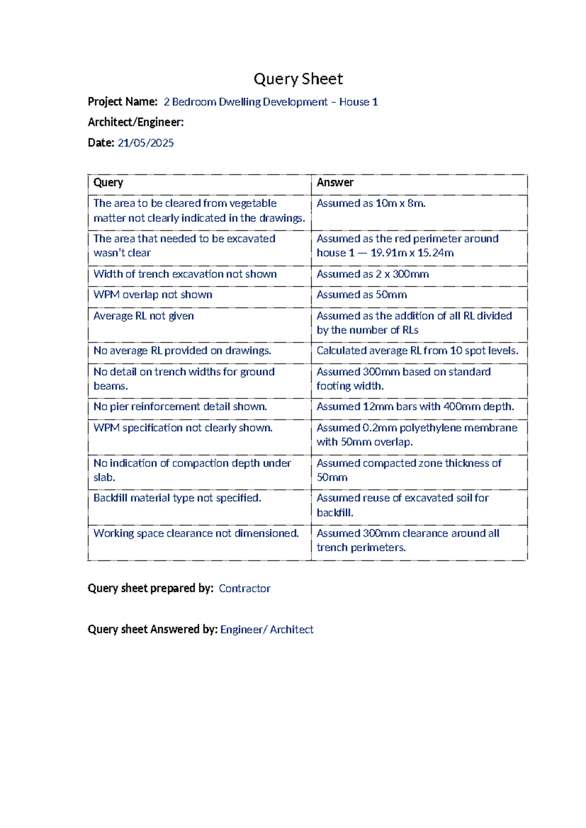 Query Sheet for Ground Works: 2 Bedroom Dwelling Development - Studocu