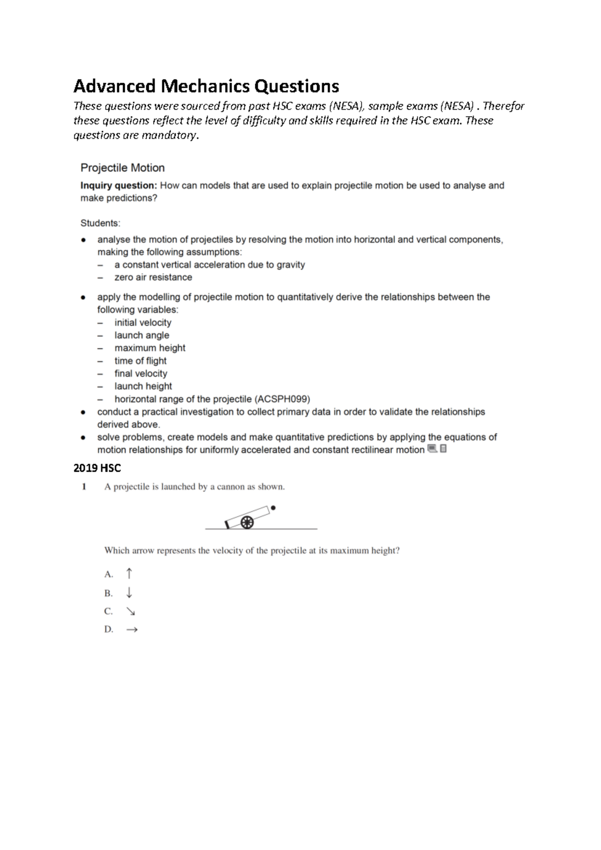 Advanced Mechanics Past HSC Questions - Advanced Mechanics Questions ...