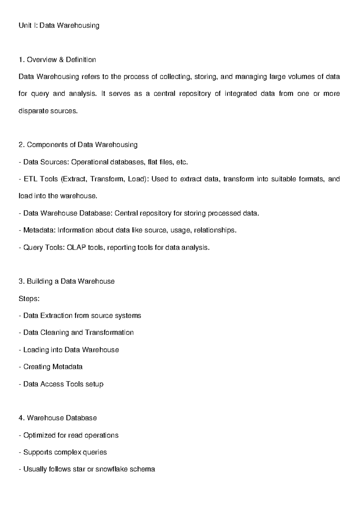 Unit I: Data Warehousing Notes - Overview, Components & Architecture ...