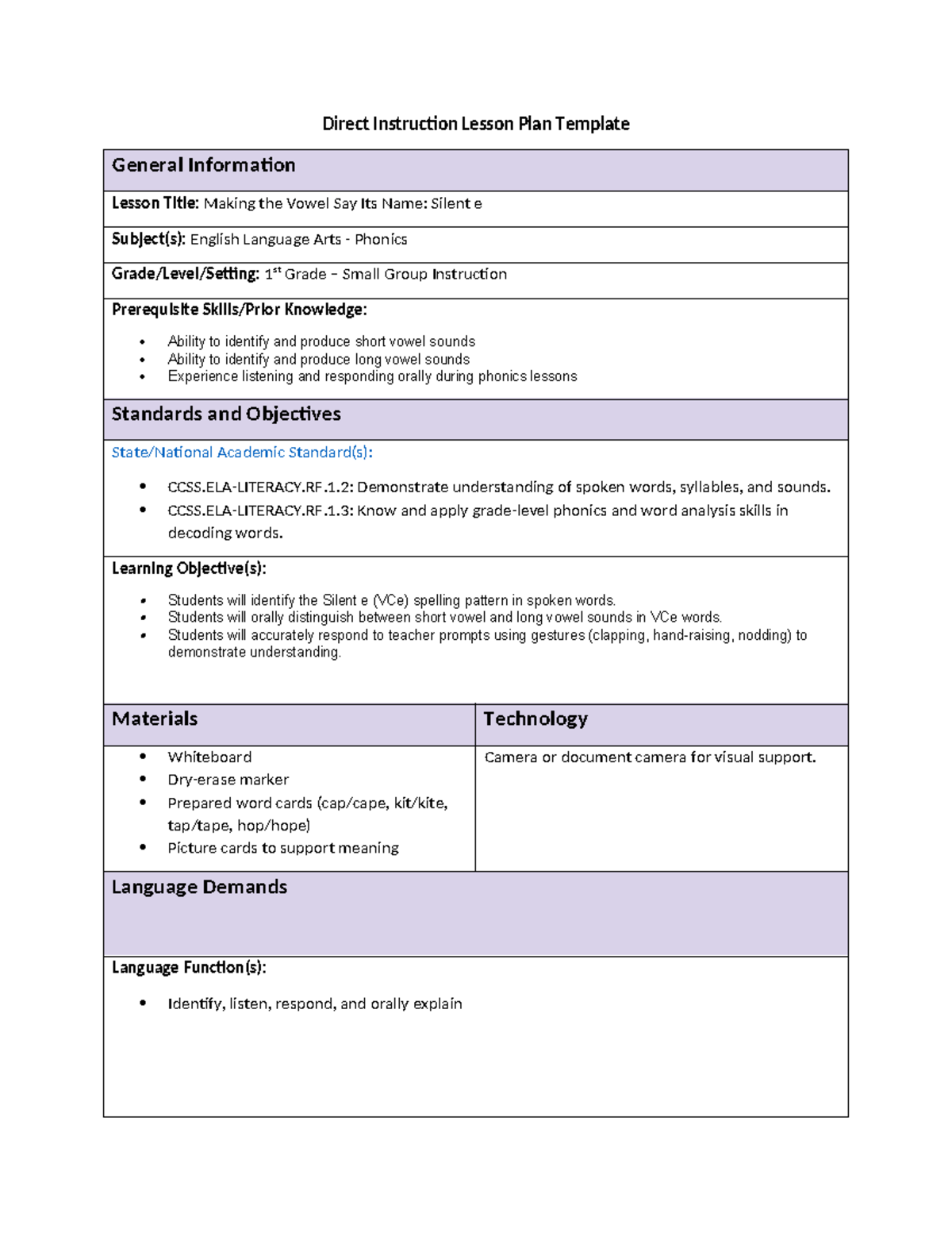 D669 1st Grade Phonics Lesson Plan: Silent e (VCe) - Studocu