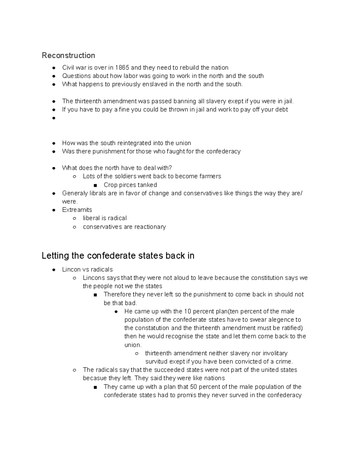 Reconstruction Era Notes - History 101 Semester 2 - Studocu