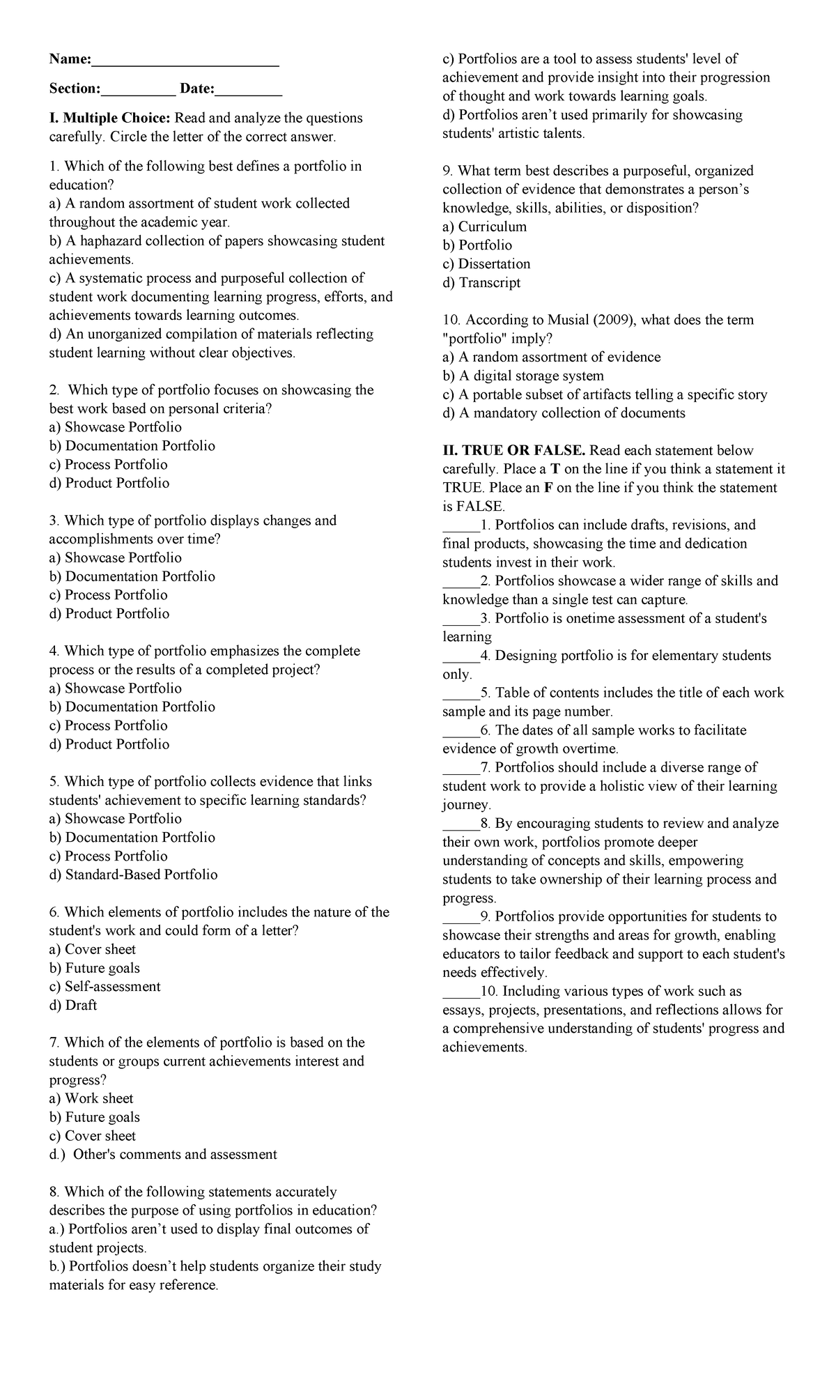 Quiz on the Nature of Portfolios in Education - Studocu