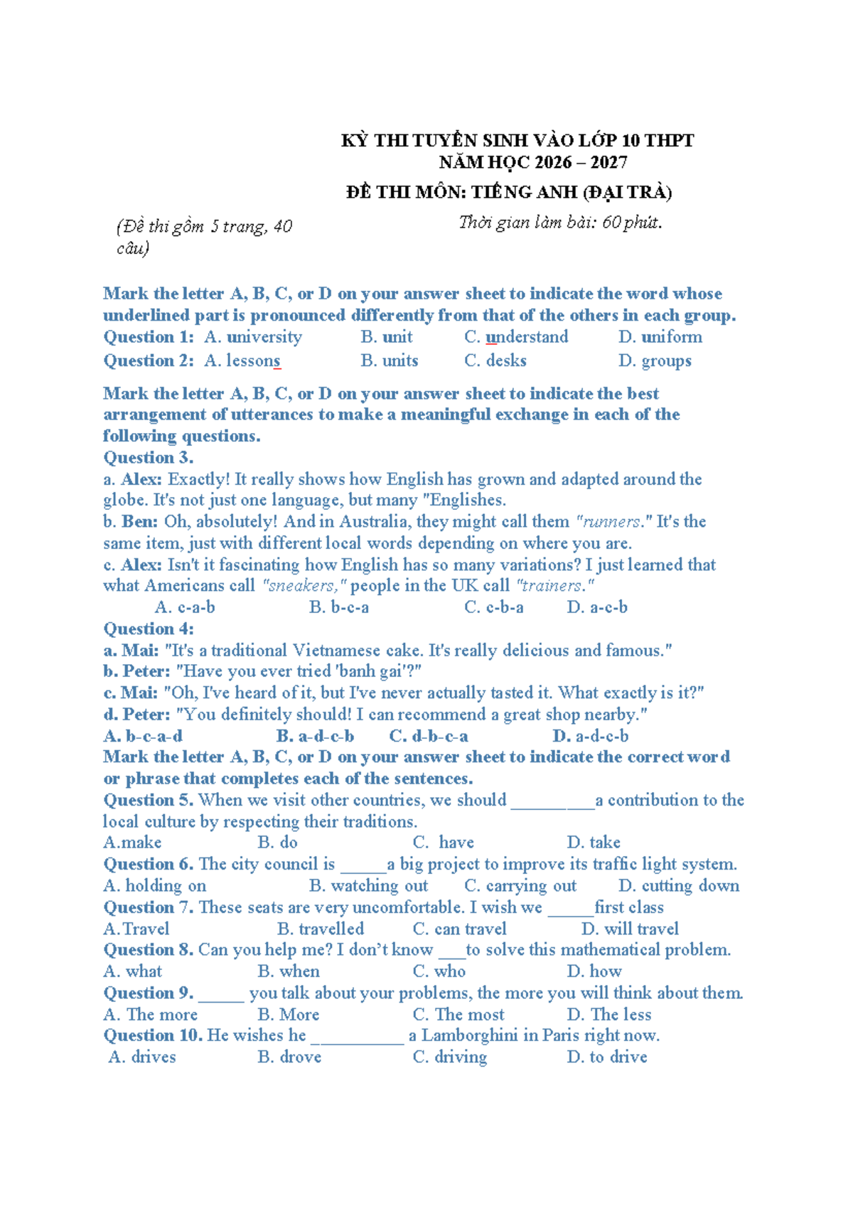 ĐỀ THAM KHẢO KỲ THI TUYỂN SINH LỚP 10 NĂM HỌC 2026-2027 - Studocu