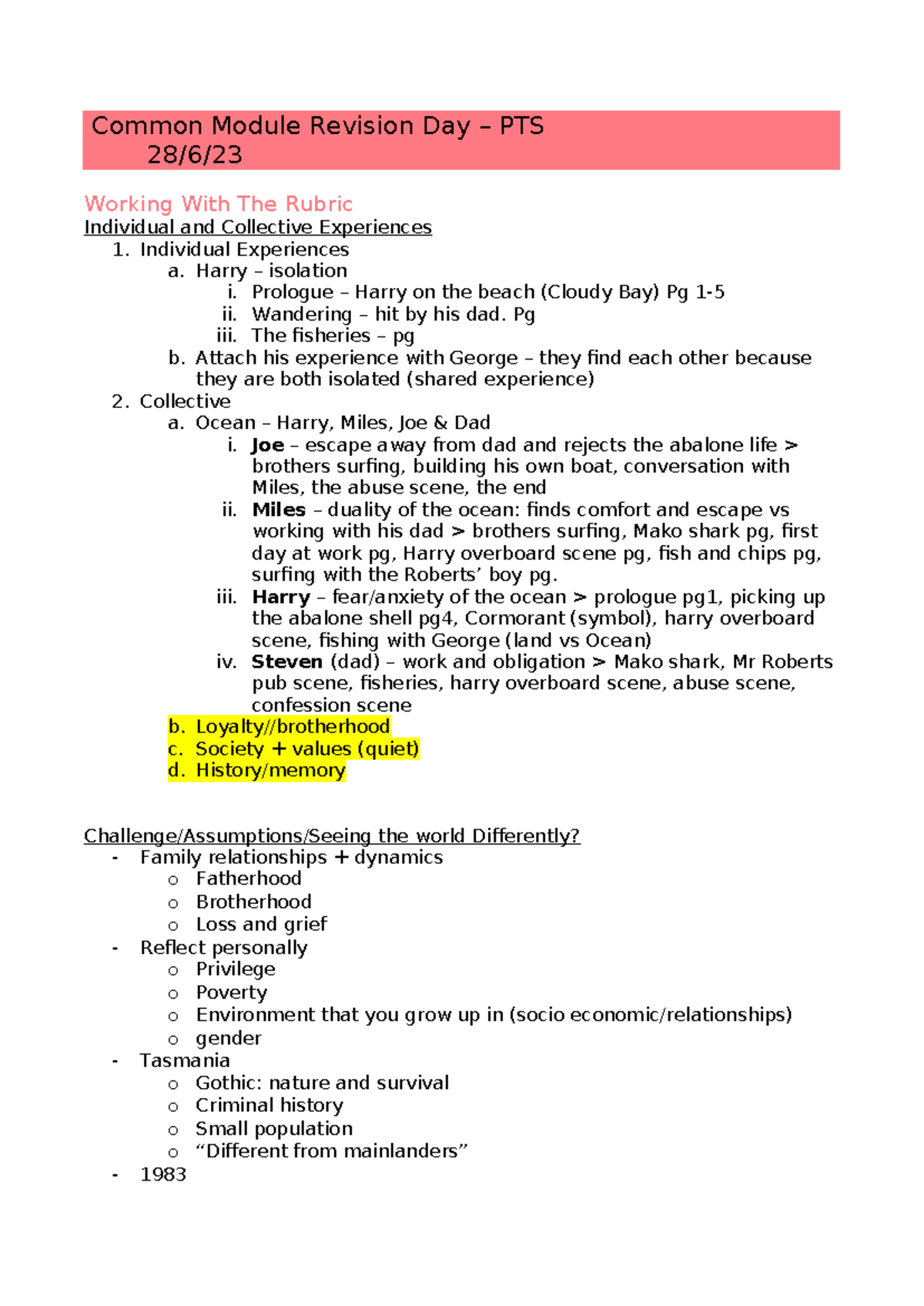 Common Module Revision 1 - Individual Experiences a. Harry – isolation ...
