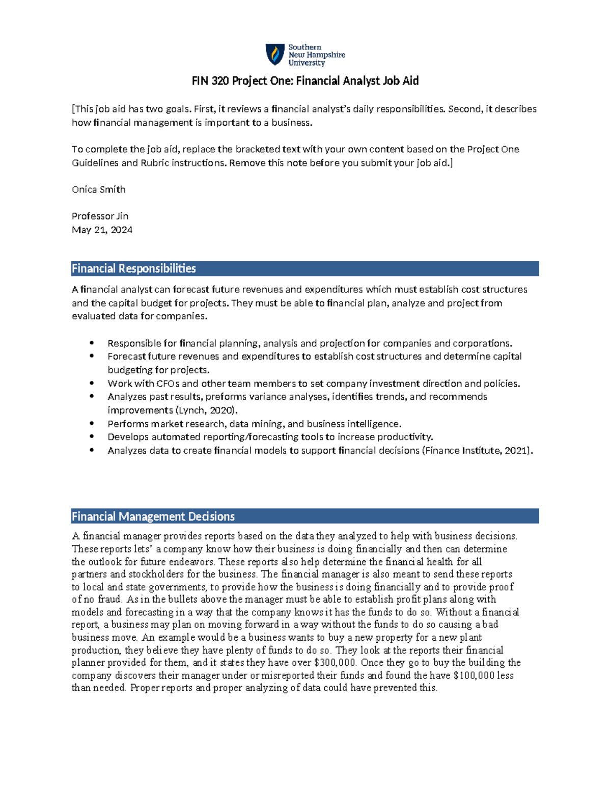 FIN 320 Project One: Financial Analyst Job Aid Overview - Studocu