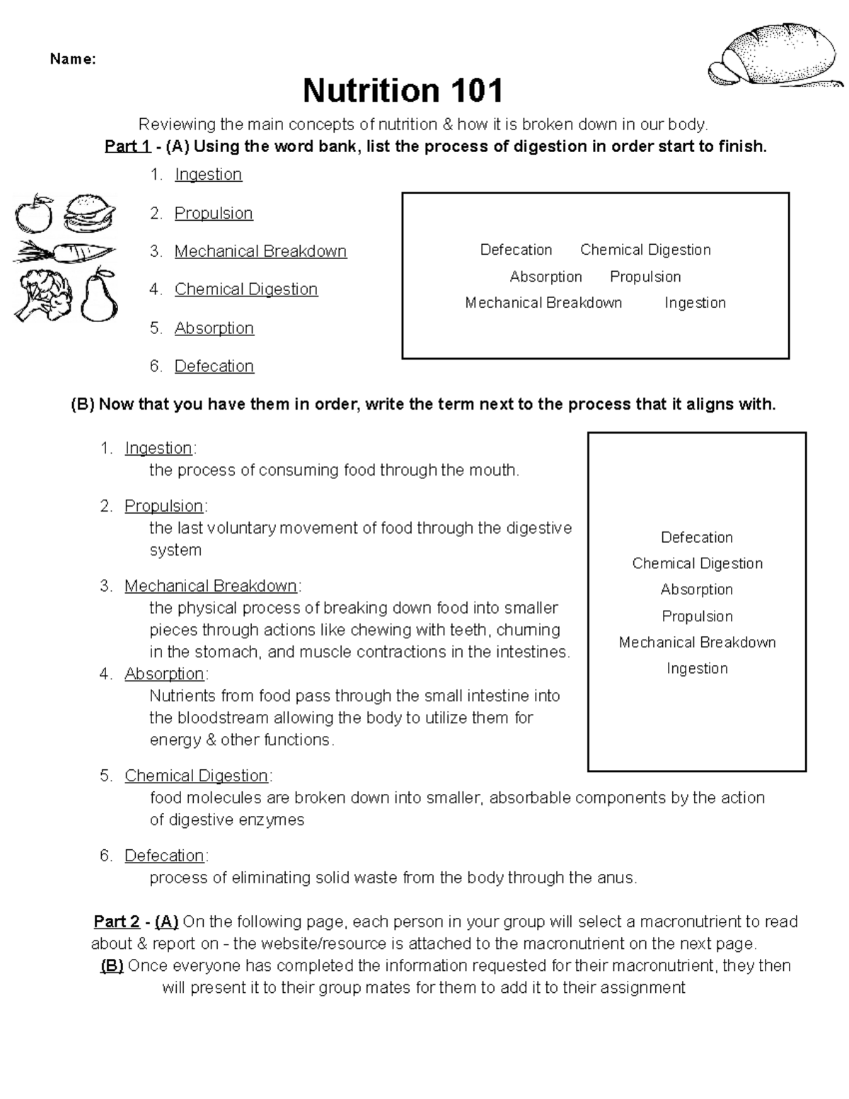 KEY - Nutrition 101 Worksheet - Name: Nutrition 101🍎 Reviewing the main ...