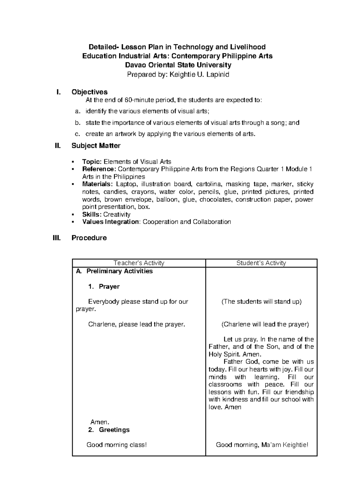 Detailed Lesson Plan on Elements of Visual Arts in Arts 101 - Studocu