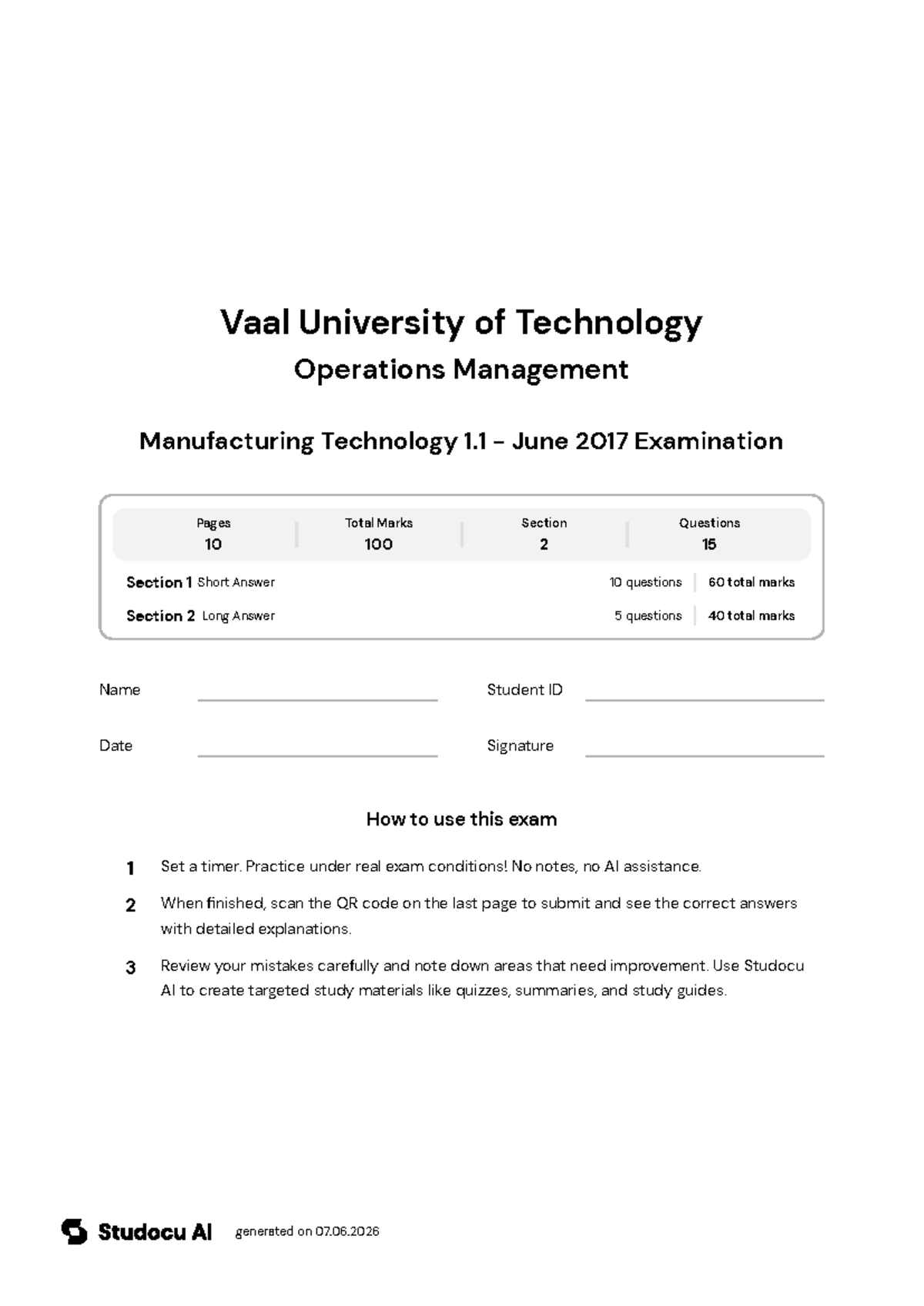 Manufacturing Technology 1.1 - June 2017 Exam - Studocu