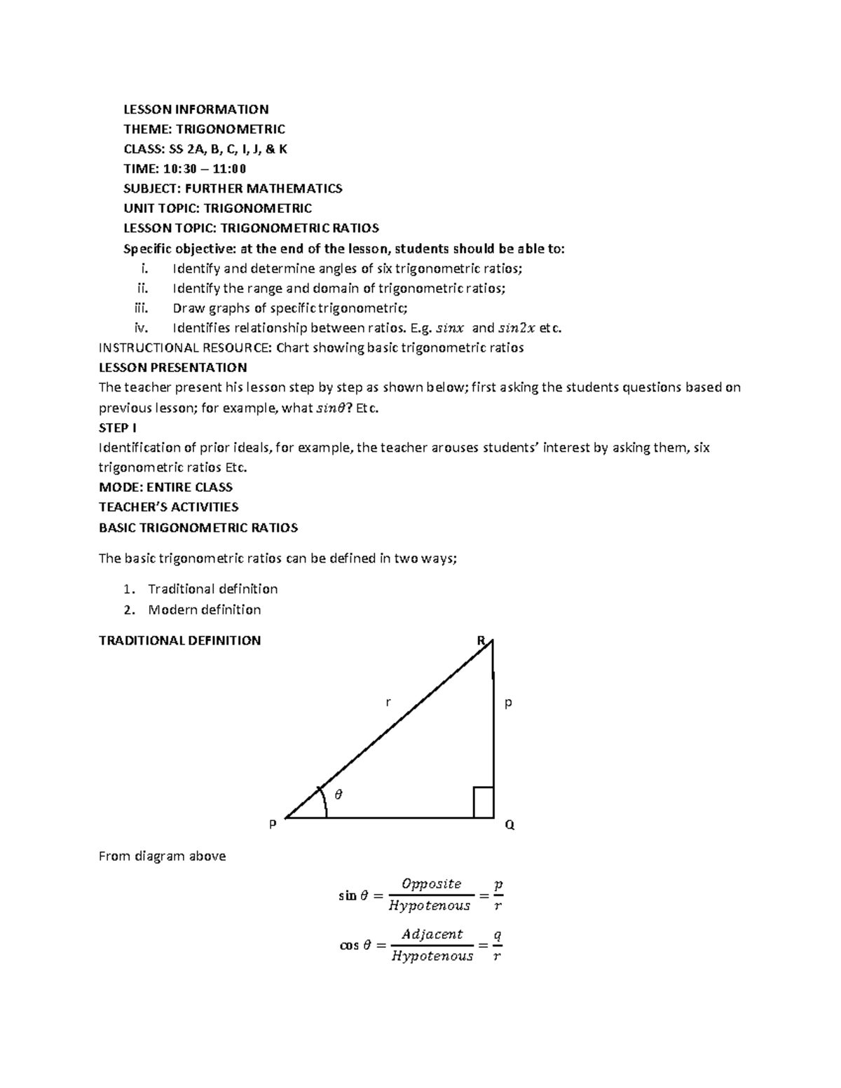Trigonometric Ratios Lesson for Further Mathematics SS 2A, B, C, I, J ...
