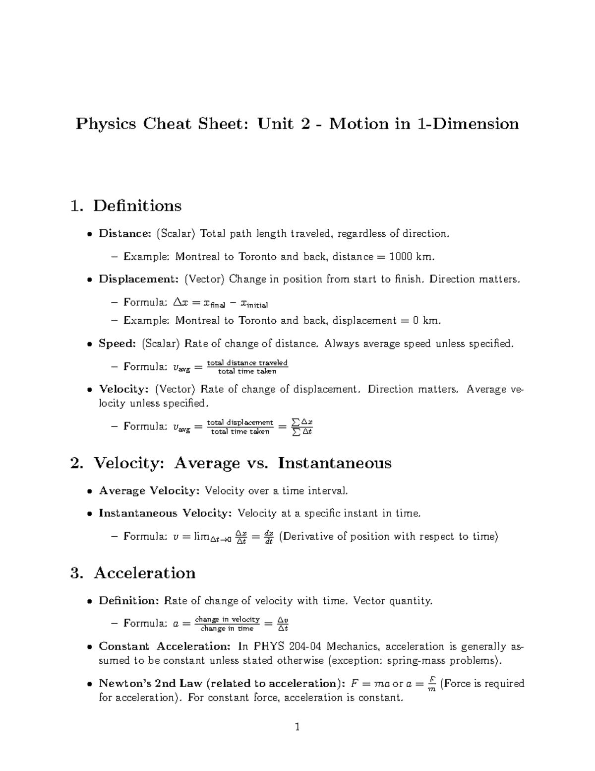 Phys 204 lecture notes unit 3 - Physics Cheat Sheet: Unit 2 - Motion in ...