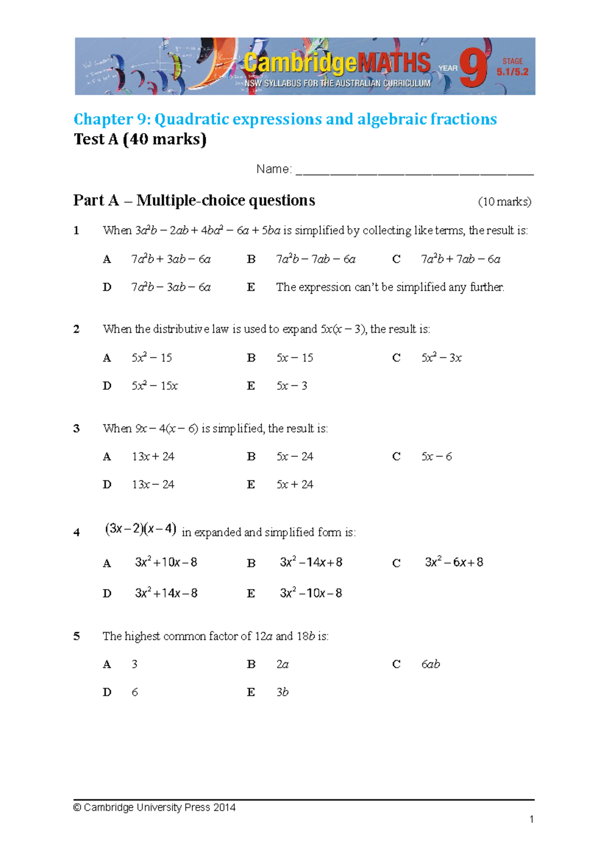 Test 09A: Quadratic Expressions & Algebraic Fractions Exam Review - Studocu