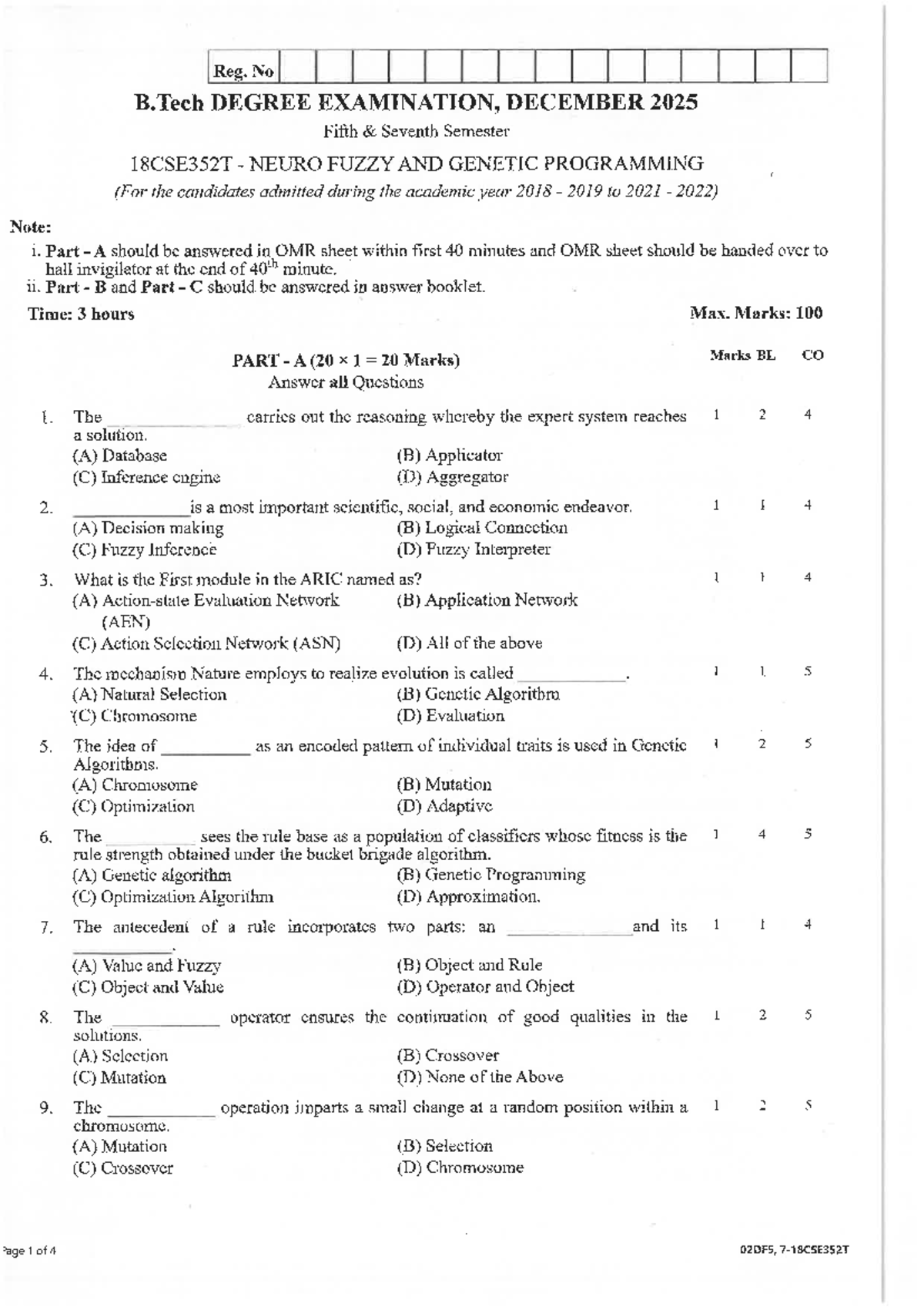 18CSE352T B. Tech Final Exam Dec 2025: Neuro Fuzzy & Genetic ...