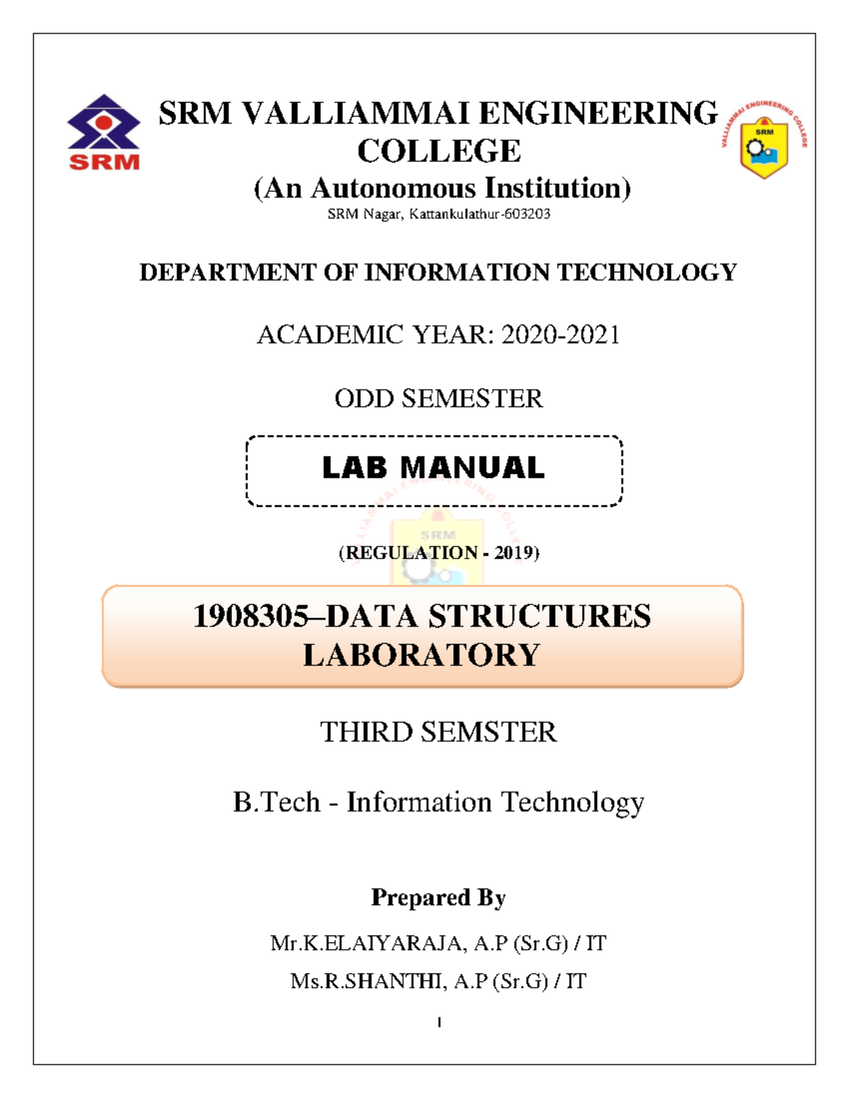 1908305 Data Structures Laboratory Manual for IT Students - Studocu