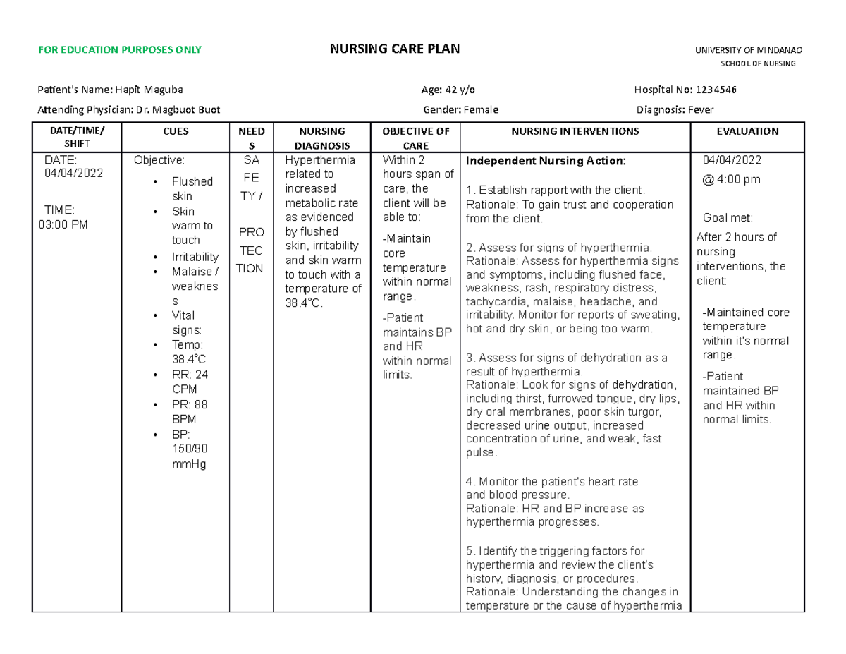 NCP- Nursing Care Plan for Fever Management - Studocu