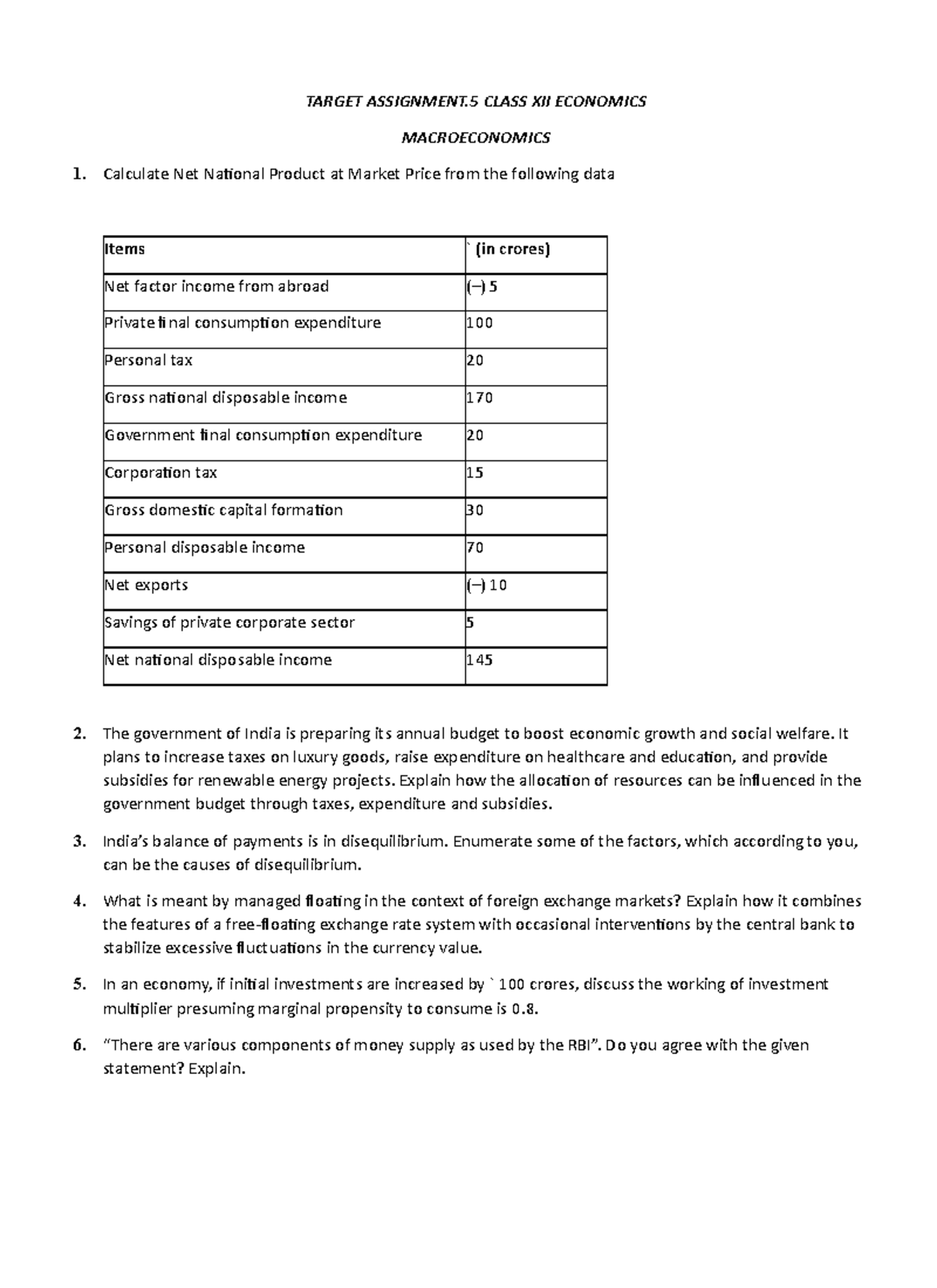Target Assignment 5: Class XII Economics Macroeconomics Practice ...