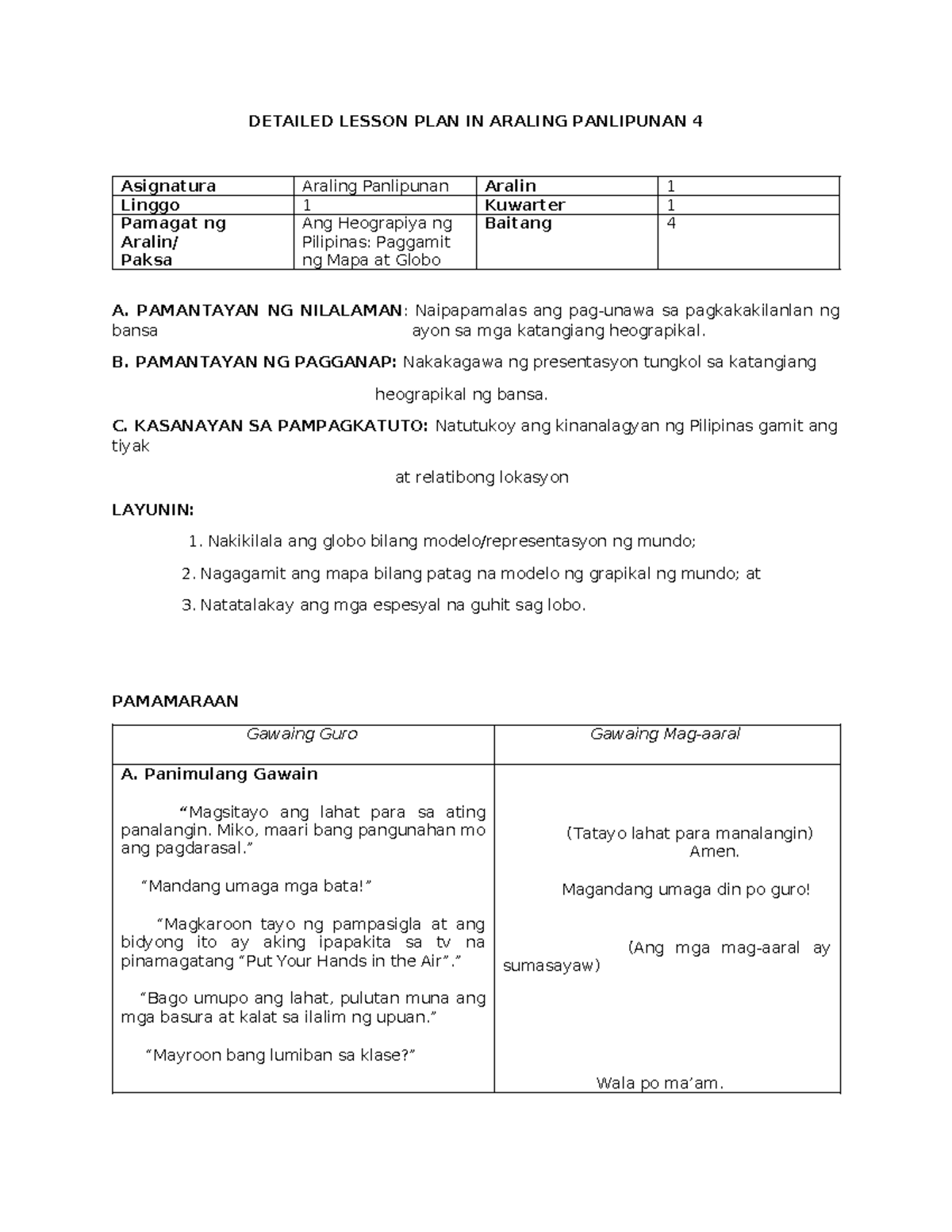 Detalyadong Lesson Plan sa Araling Panlipunan 4: Heograpiya ng Pilipinas - Studocu