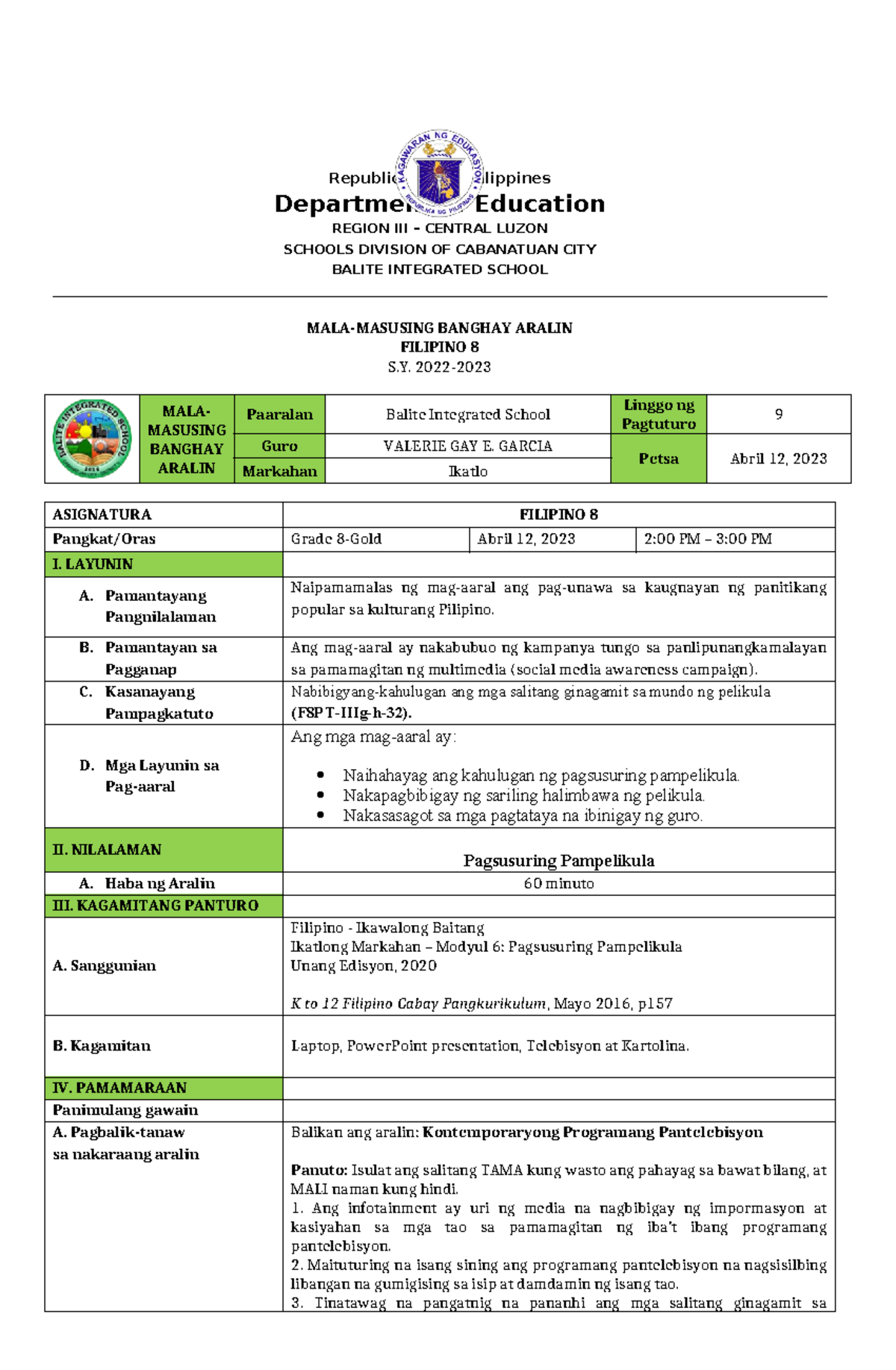 Pagsusuring-pampelikula-SDLP - Republic of the Philippines Department ...