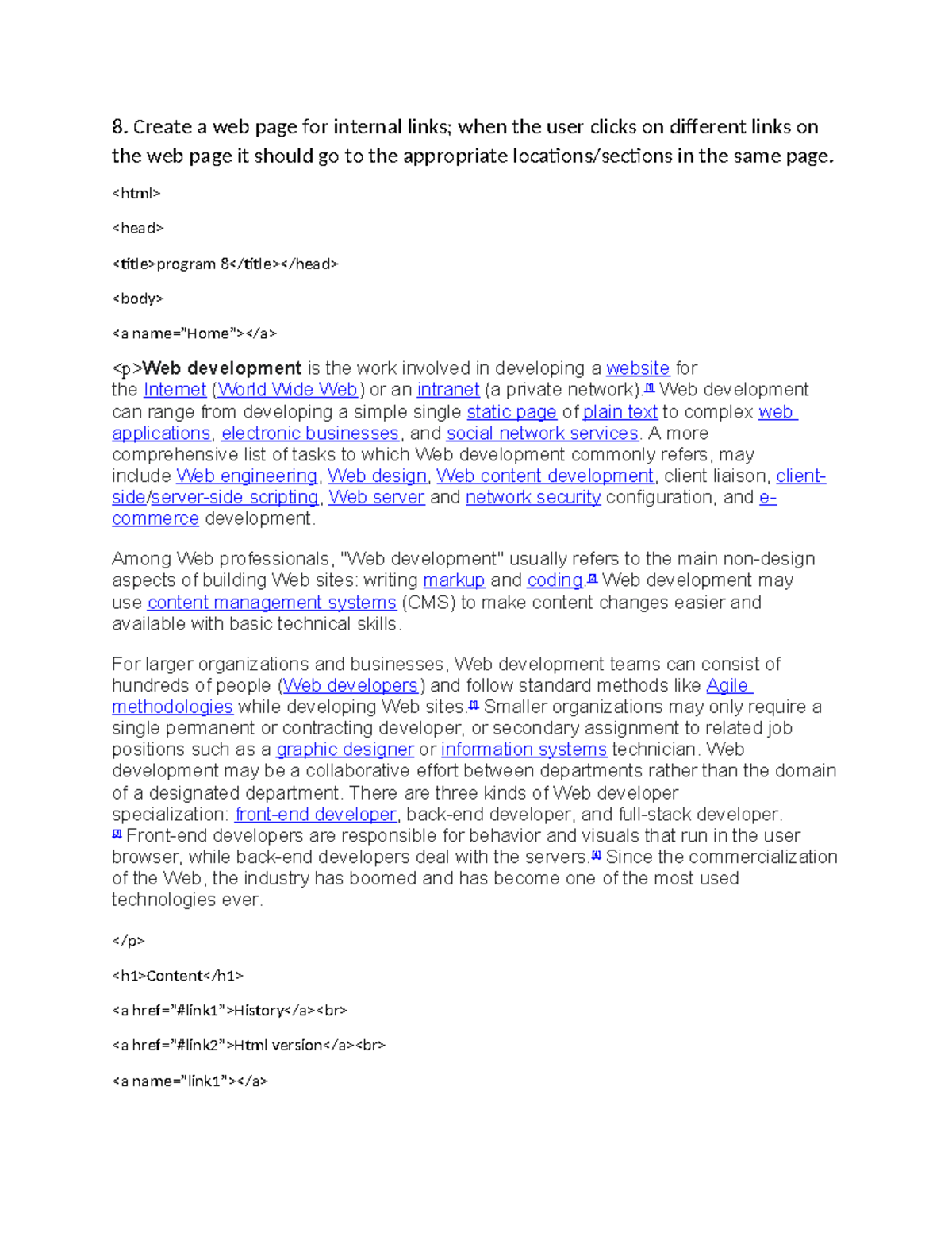 HTML Code for Internal Links in Web Design: Program 8 - Studocu