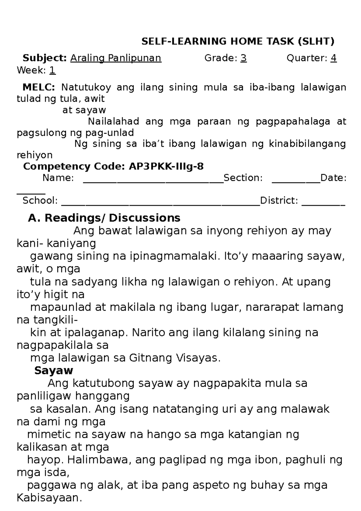 Araling Panlipunan SLHT Q4 week 1 - SELF-LEARNING HOME TASK (SLHT) Subject: Araling Panlipunan ...