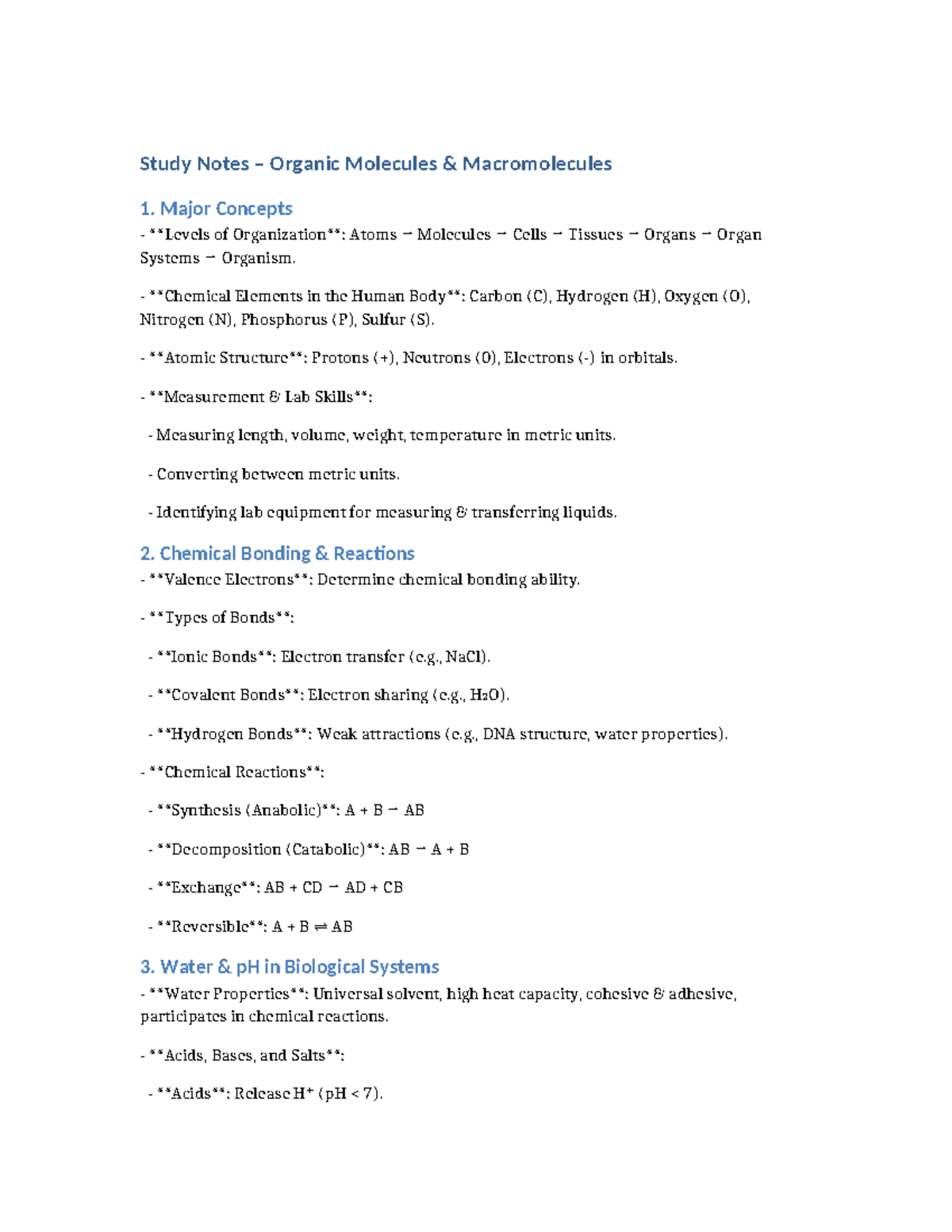 Study Notes: Organic Molecules, Macromolecules & Chemical Reactions ...