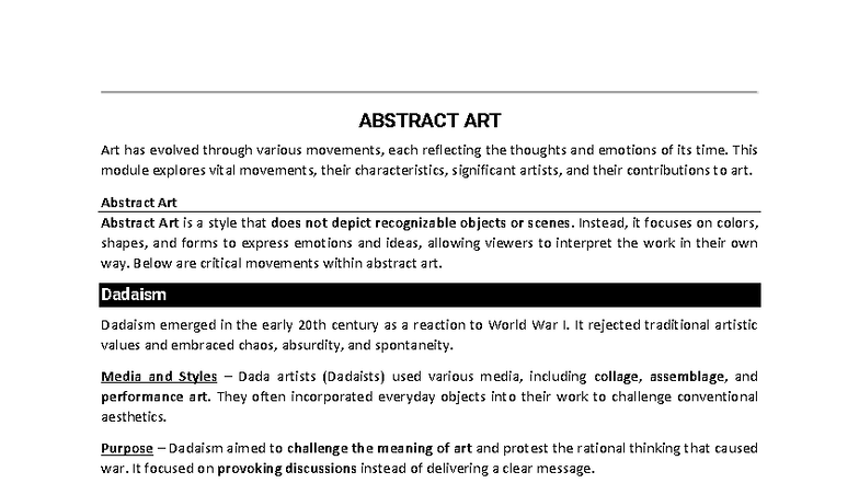 06 Handout 1A - Exploring Abstract Art Movements and Key Artists - Studocu